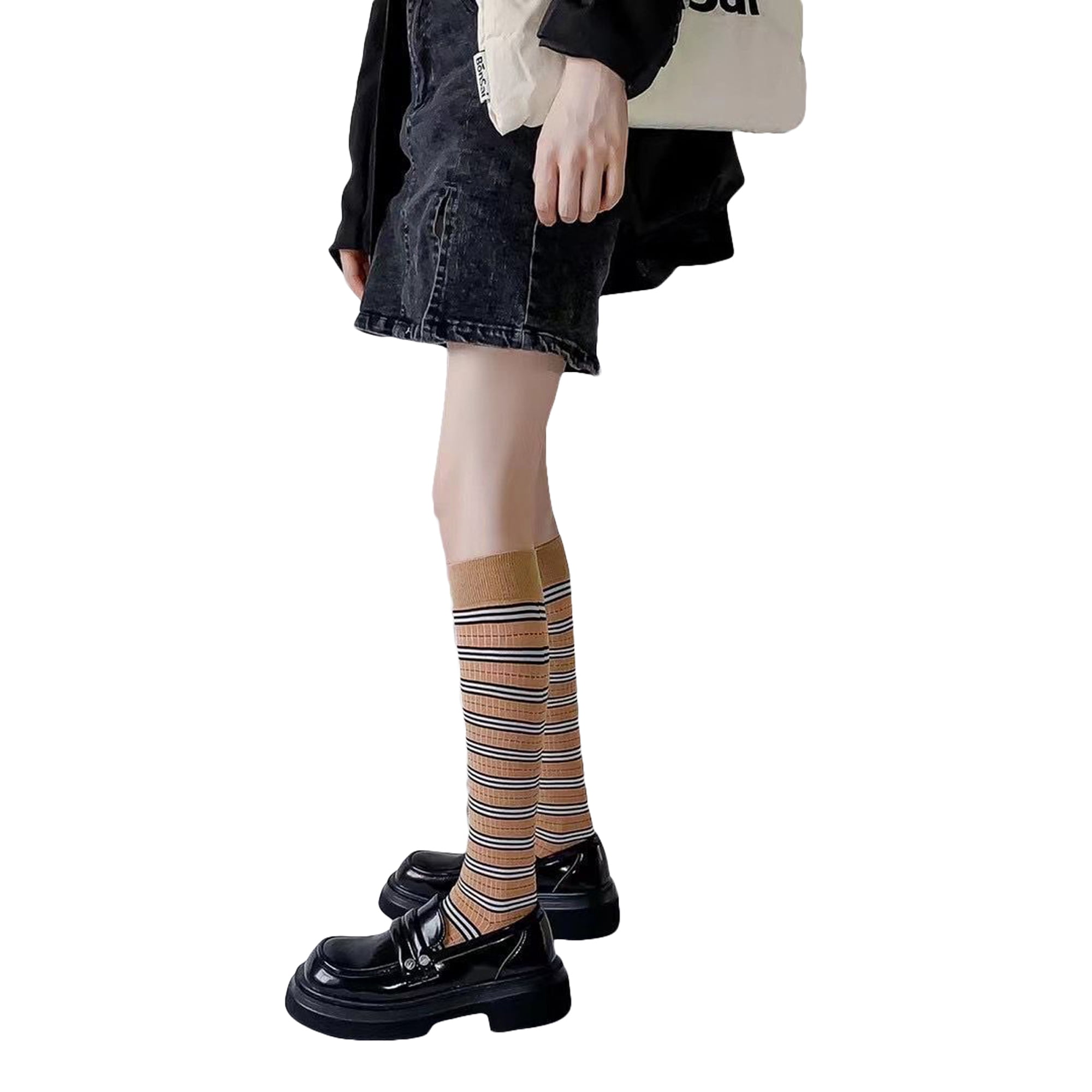 Biekopu Women Knee High Socks Retro Striped Print Soft Elastic Tube ...