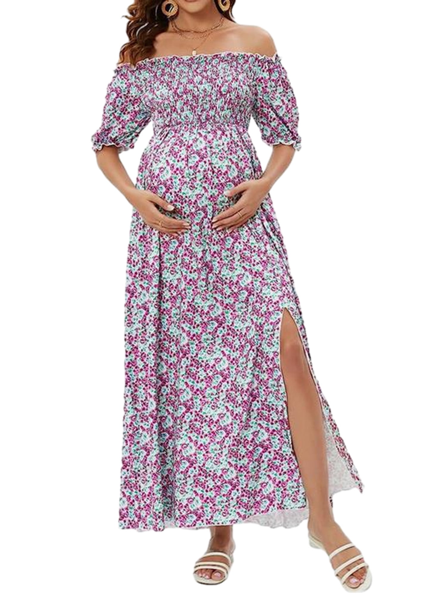 Biekopu Women Maternity Summer Dress Casual Solid Color/Floral Off ...