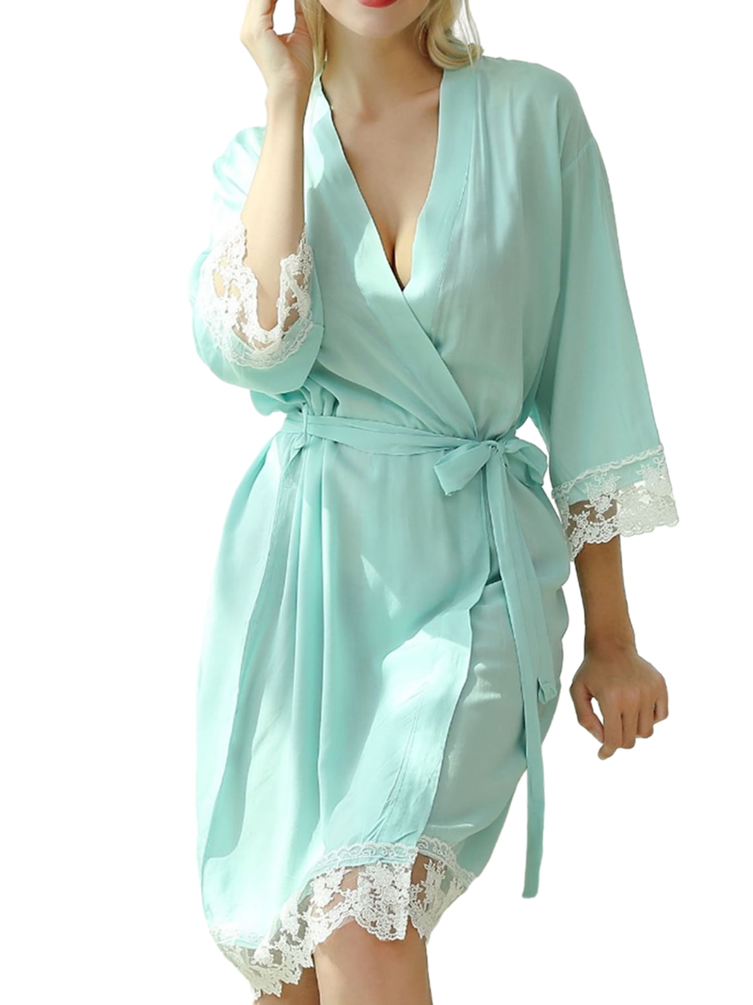 Biekopu Women Silk Robes Lace Trim Short Satin Sleepwear 3/4 Sleeve V ...