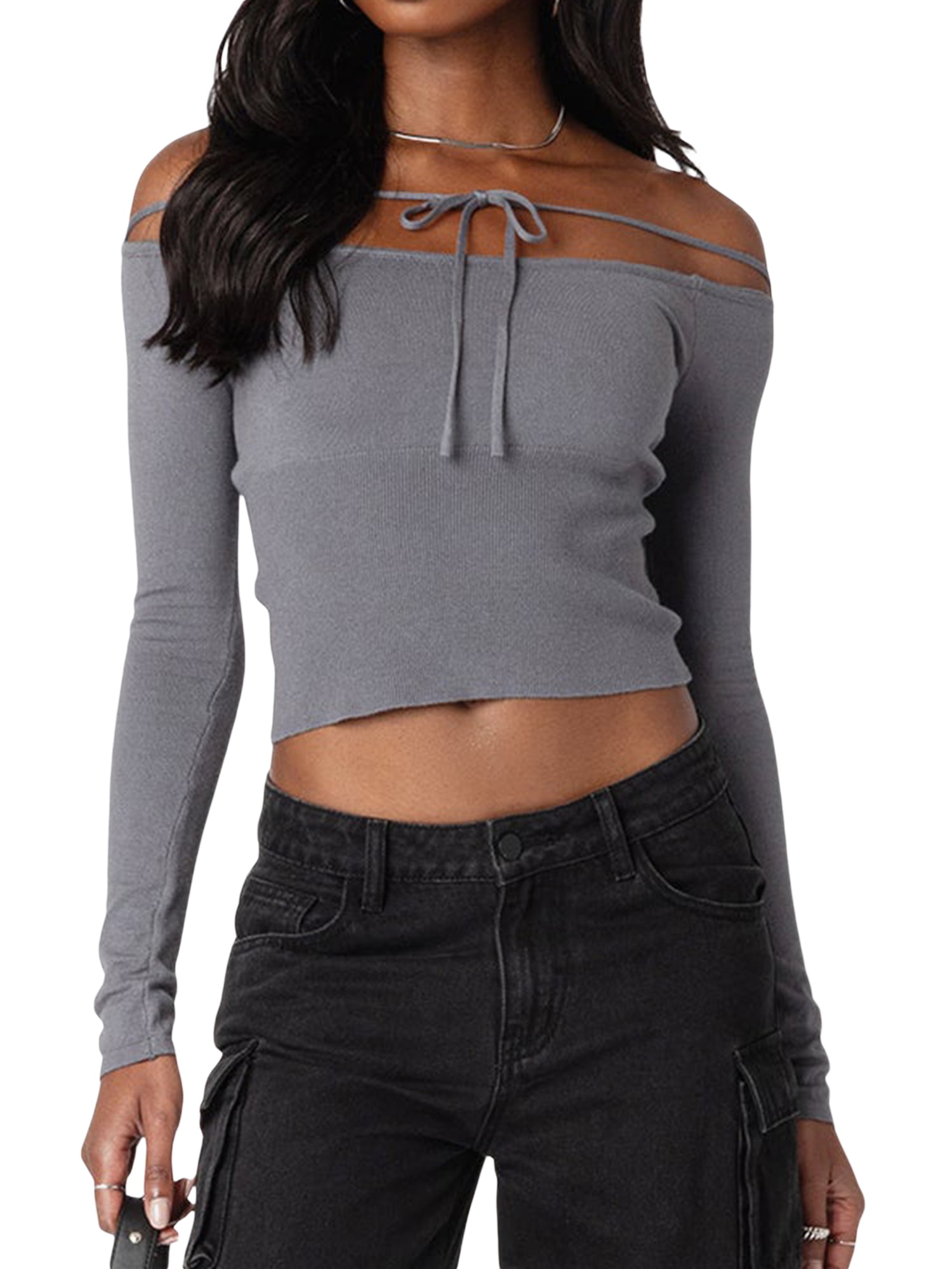 Biekopu Women Solid Color Short T-Shirts Tie-Up Boat Neck Off Shoulder ...