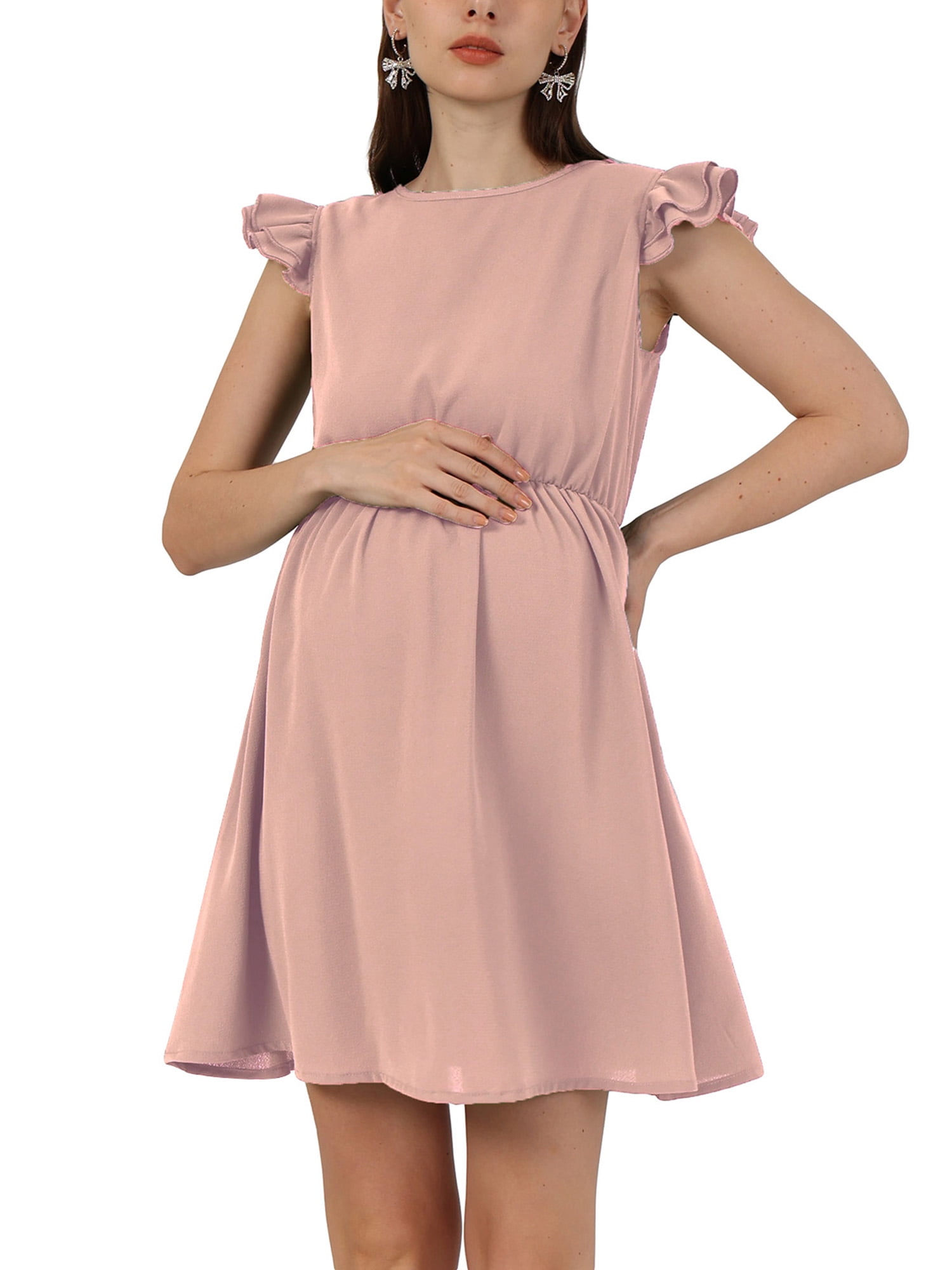 Biekopu Women Summer Maternity Dress, Fly Sleeve Crew Neck Solid Mini ...