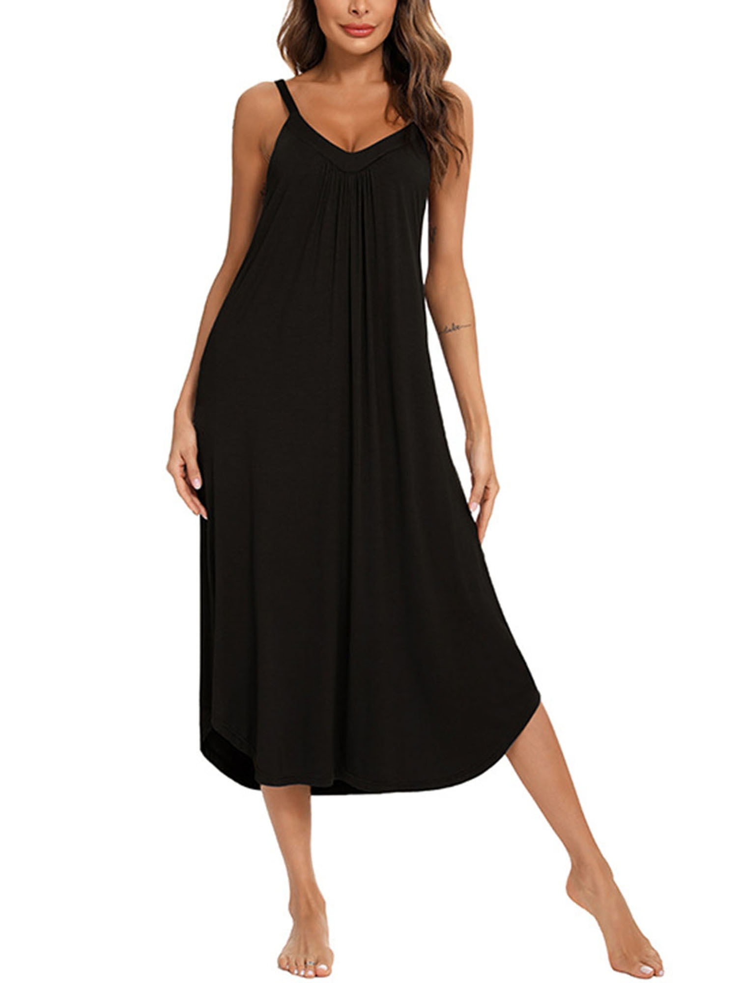 Biekopu Women Summer Nightgowns,Solid Color V Neck Ruched Sleeveless ...