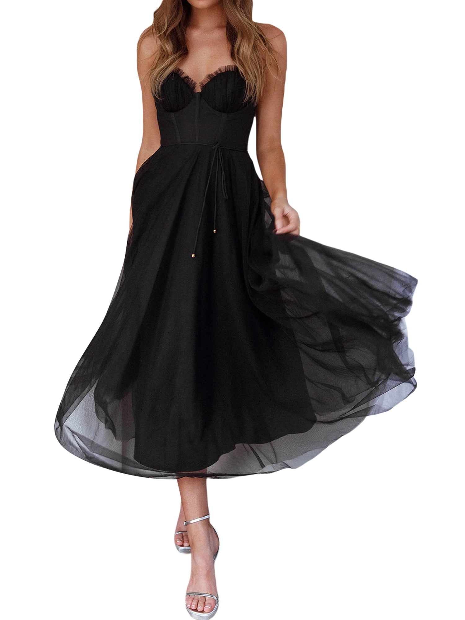 Biekopu Women Tulle Formal Evening Dress,Solid Color Backless Corset ...