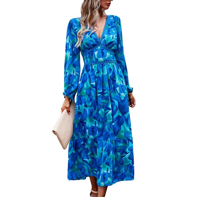 Biekopu Women's Autumn Long A-line Dress Long Sleeve V Neck Pattern ...