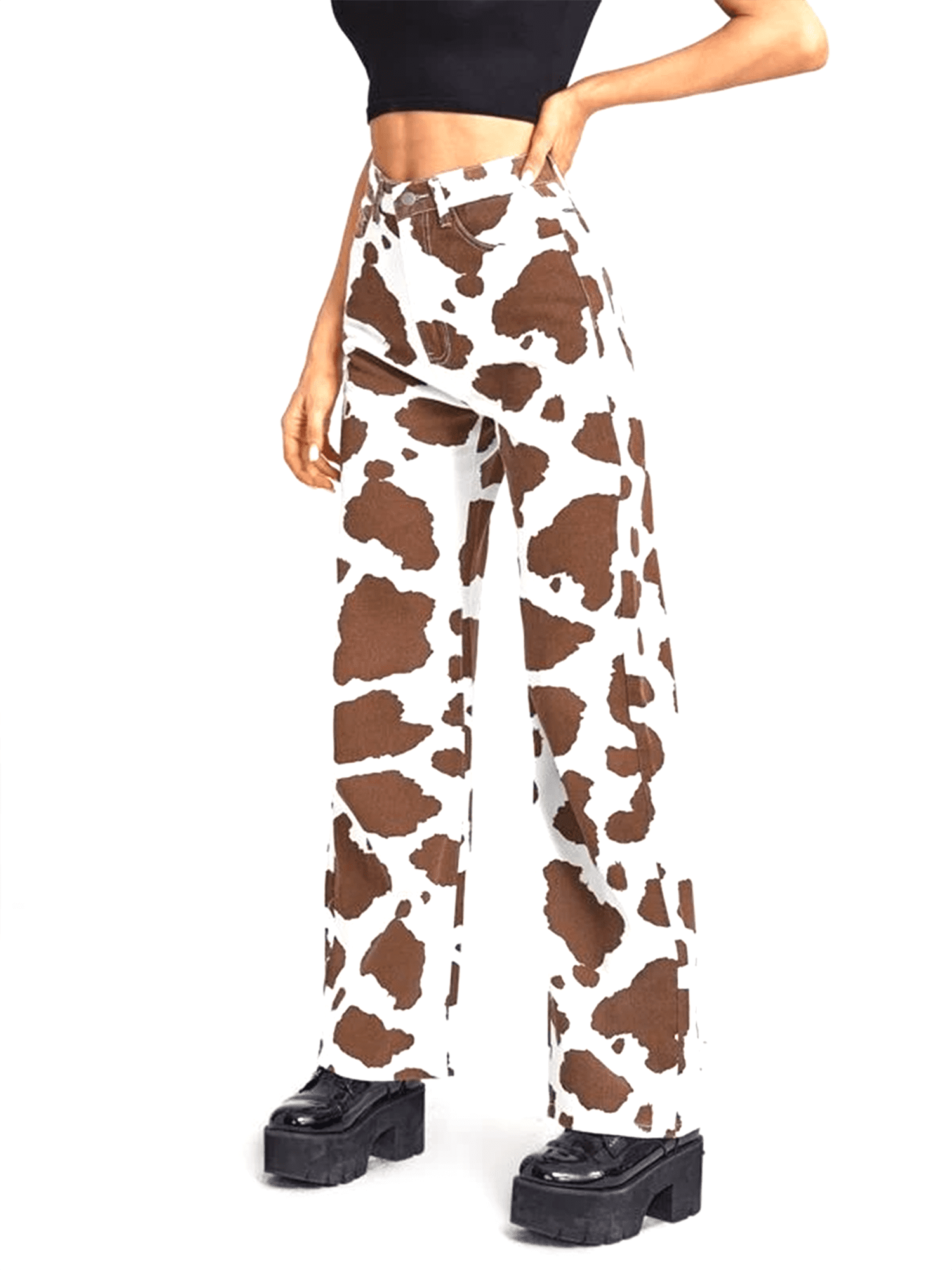 Biekopu Women’s Fashion Cow Pattern High-waist Wide Leg Jeans with ...