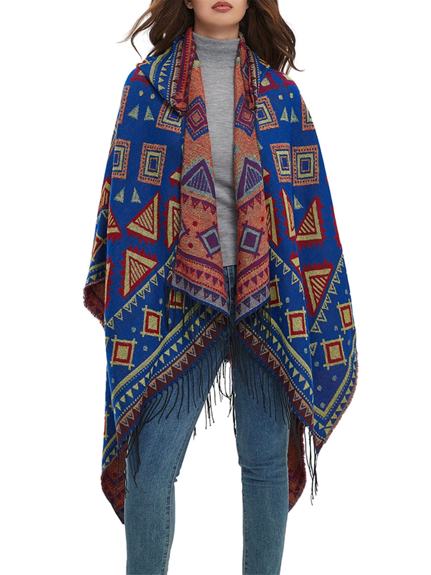 Biekopu Women's Hooded Shawl Wraps with Tassels Vintage Poncho Sweater ...