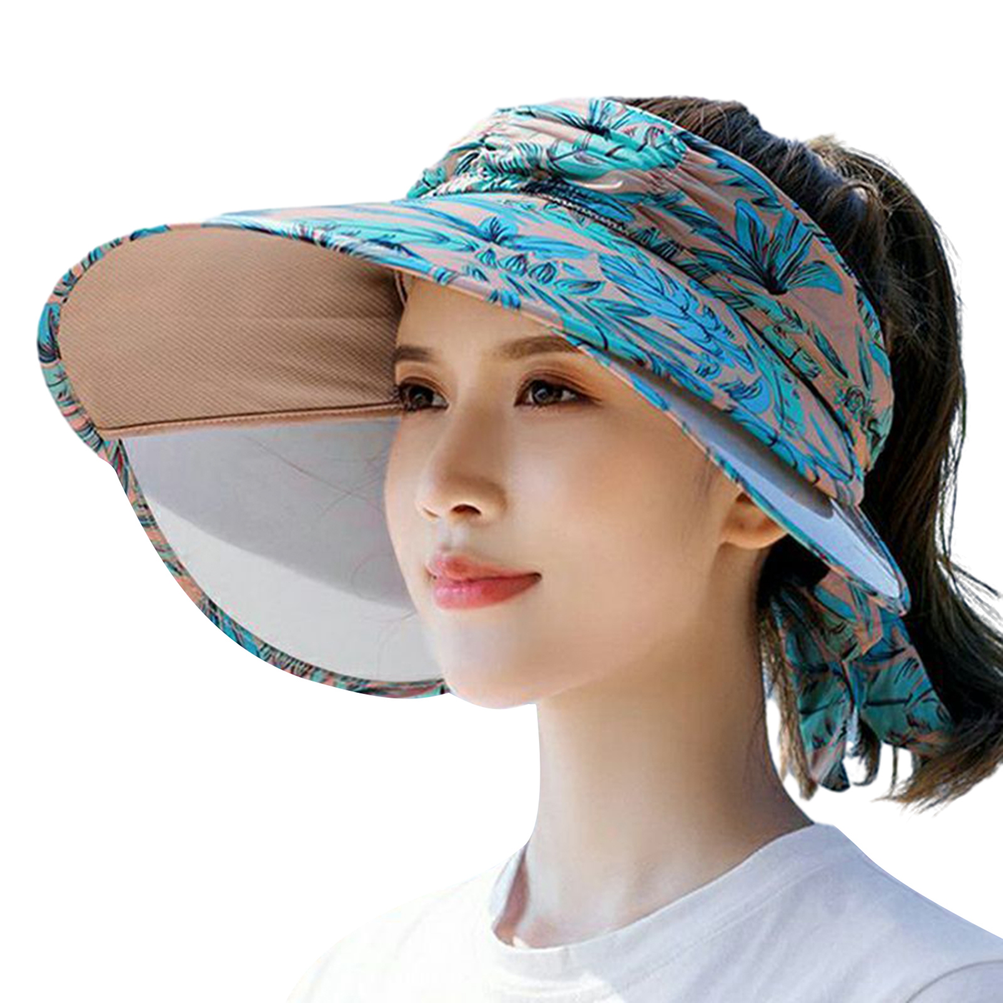 Biekopu Women's Ponytail Wide Brim Sun Hat Stylish Leaf Print ...