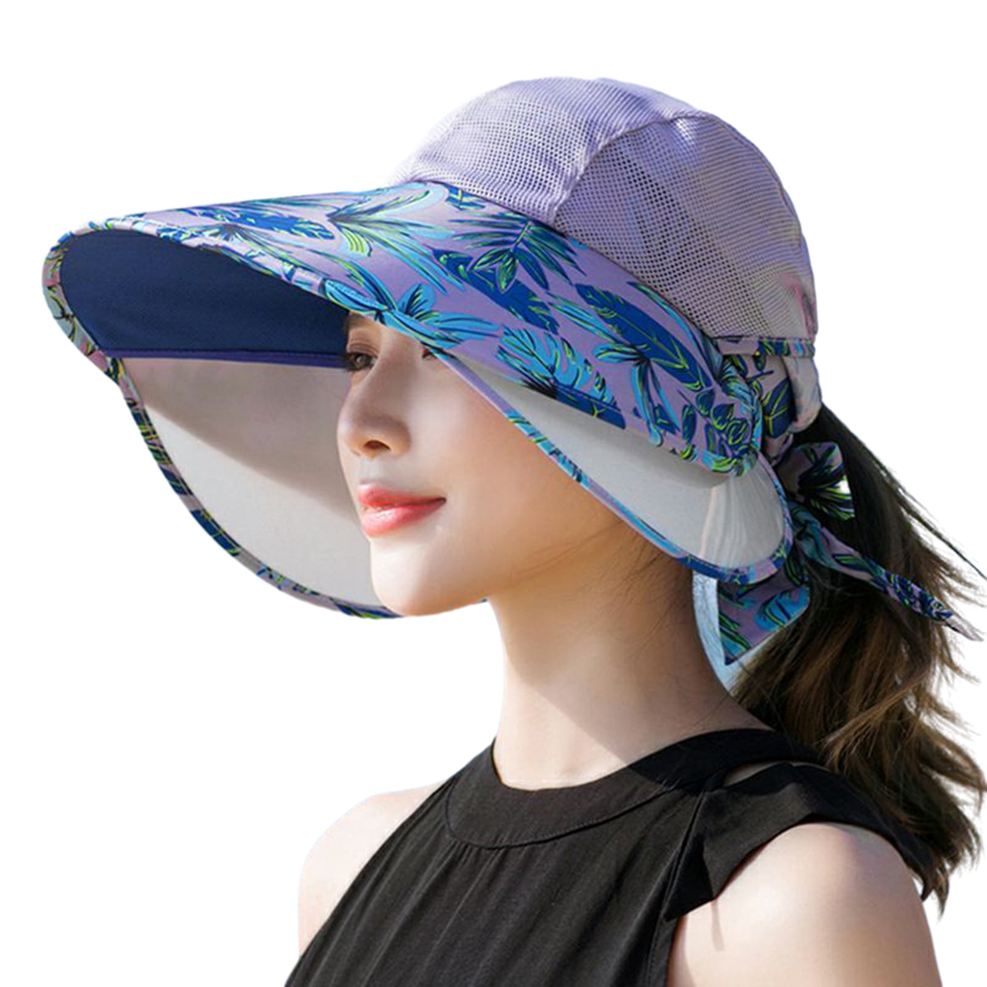 Biekopu Women's Ponytail Wide Brim Sun Hat Stylish Leaf Print Breathable Mesh Sun Protection Hat ...