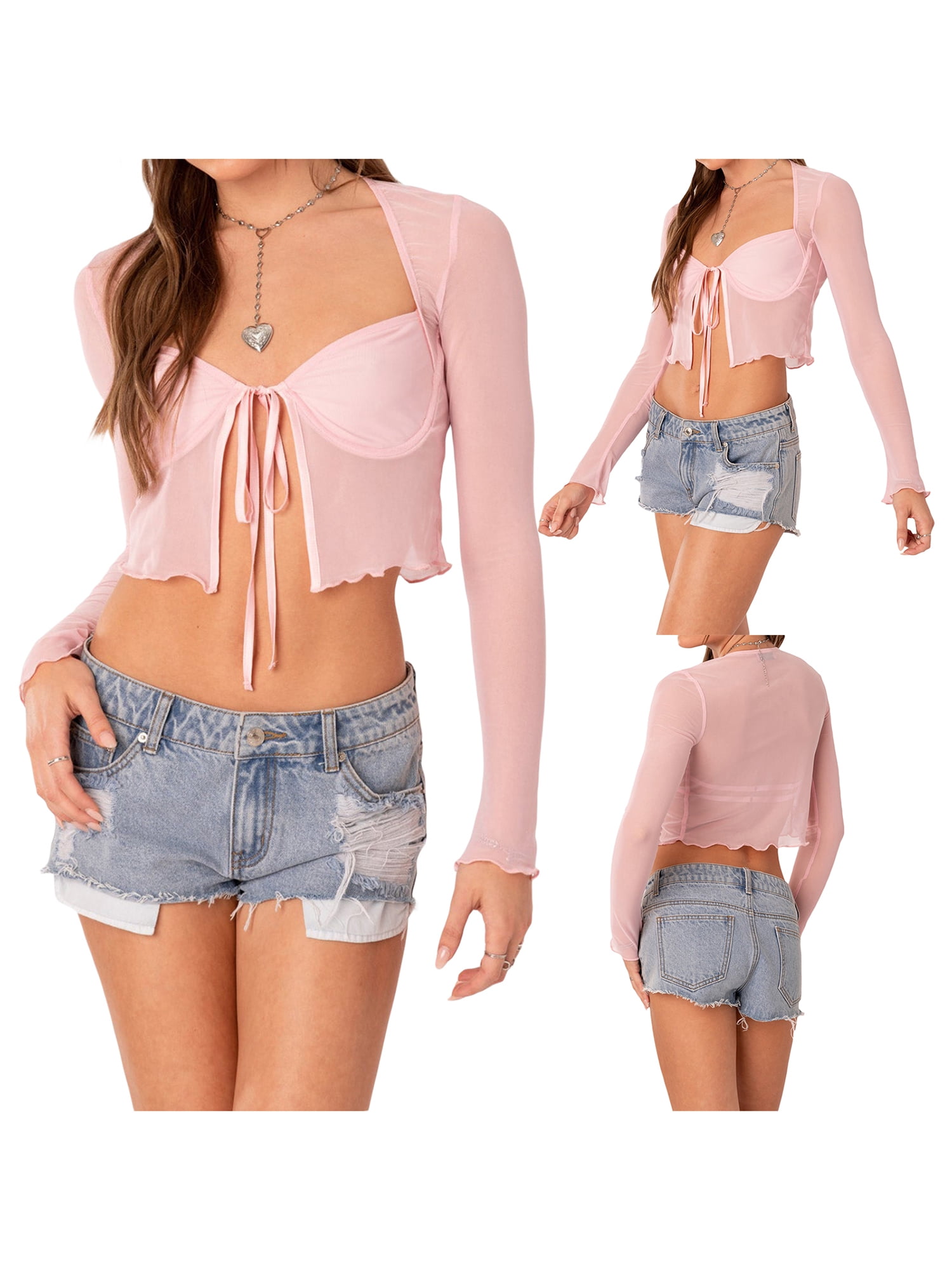 Biekopu Women's Sheer Mesh Crop Tops Long Sleeve Tie-up Front Solid Color See-Through Blouses ...