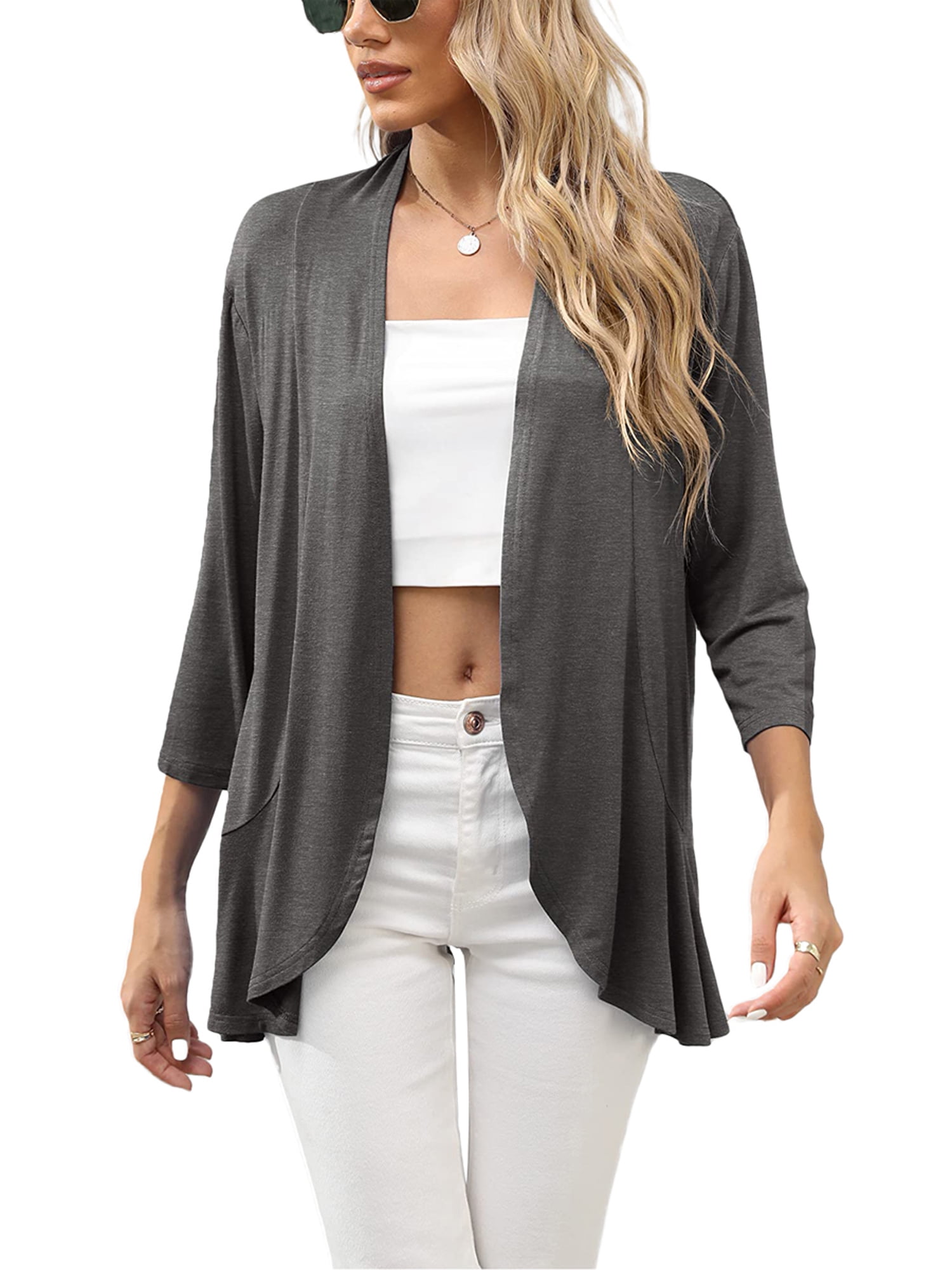 Biekopu Women's Three Quarter Sleeve Cardigan, Open-Front Solid Color ...