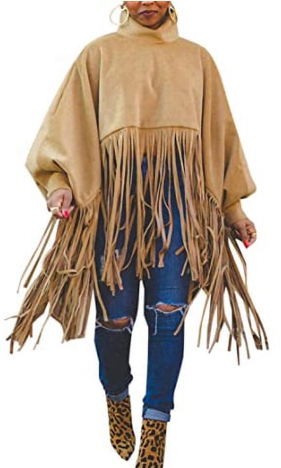 Biekopu Womens High Neck Long Sleeve Fringe Top Plus Size Tassel ...
