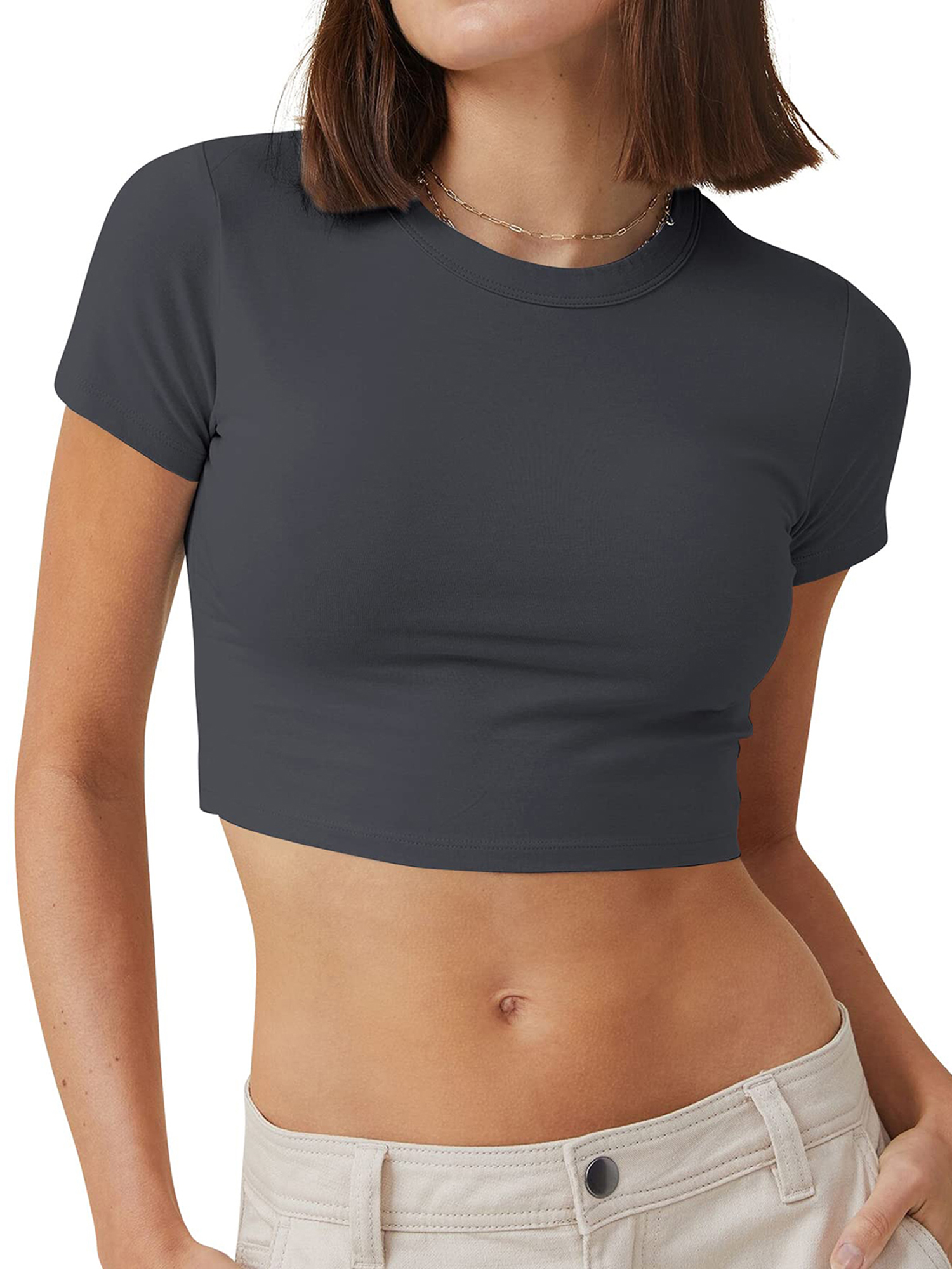 Biekopu Womens Summer Fitted Crop Tops Solid Color Short Sleeve Cropped ...