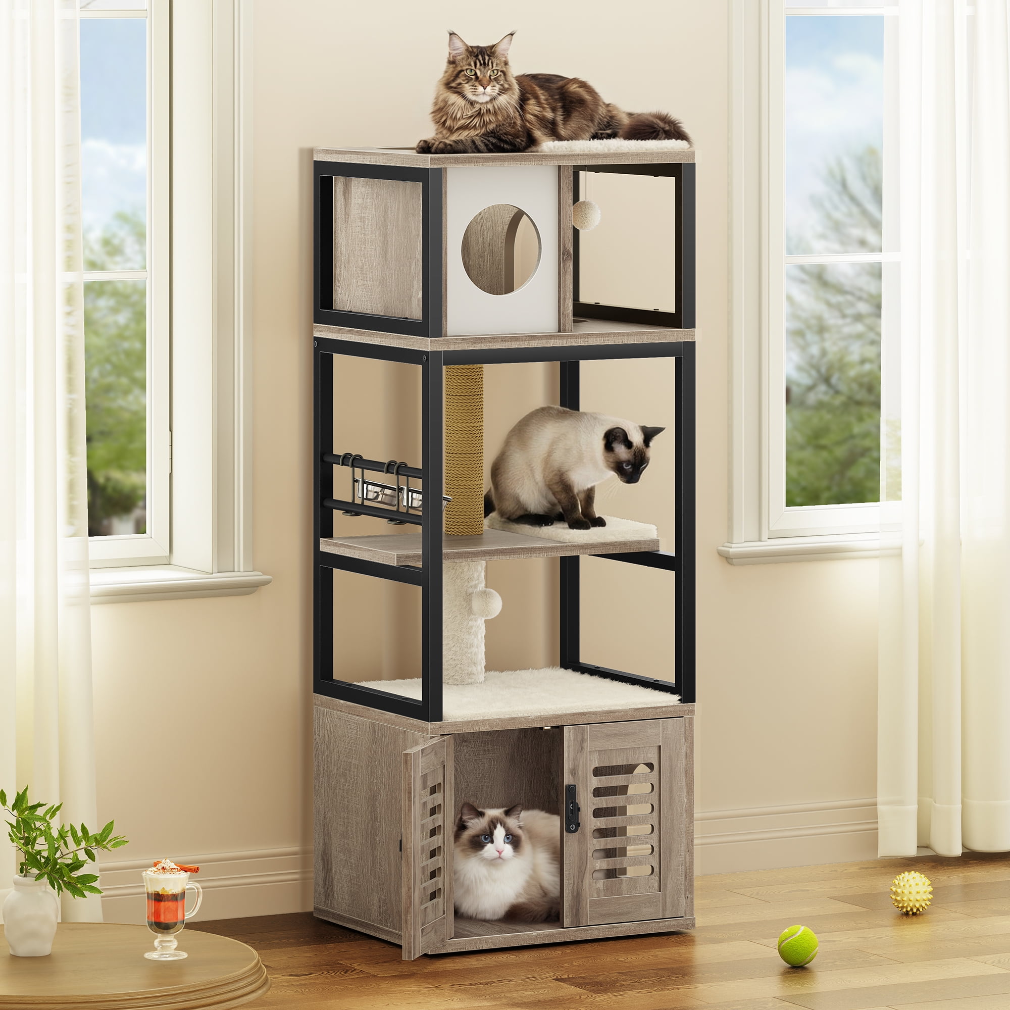 Biemlerfn 58.27" Cat Tree with Litter Box Enclosure, Multi-Level Cat ...