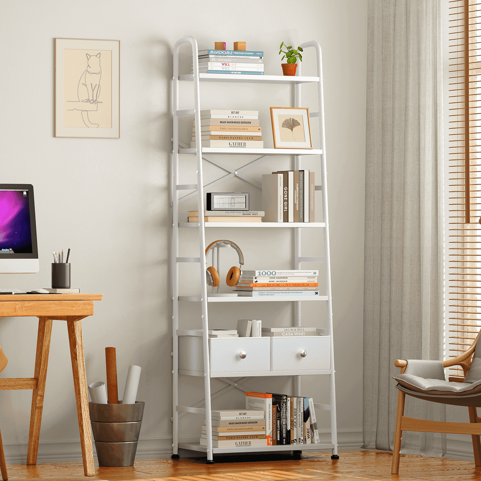 Biemlerfn 6 Tier Bookshelf, 70" Tall Ladder Shelf with 2 Removable ...