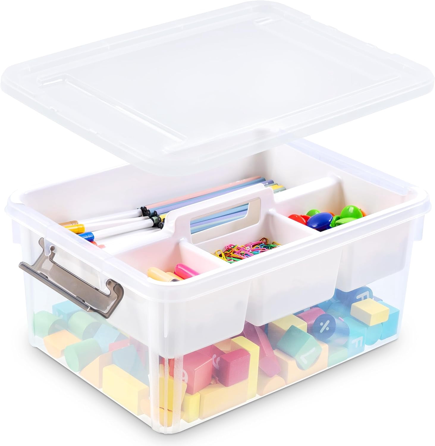 Bienvoun 17 QT Plastic Storage Box with Handle Removable Tray Craft ...
