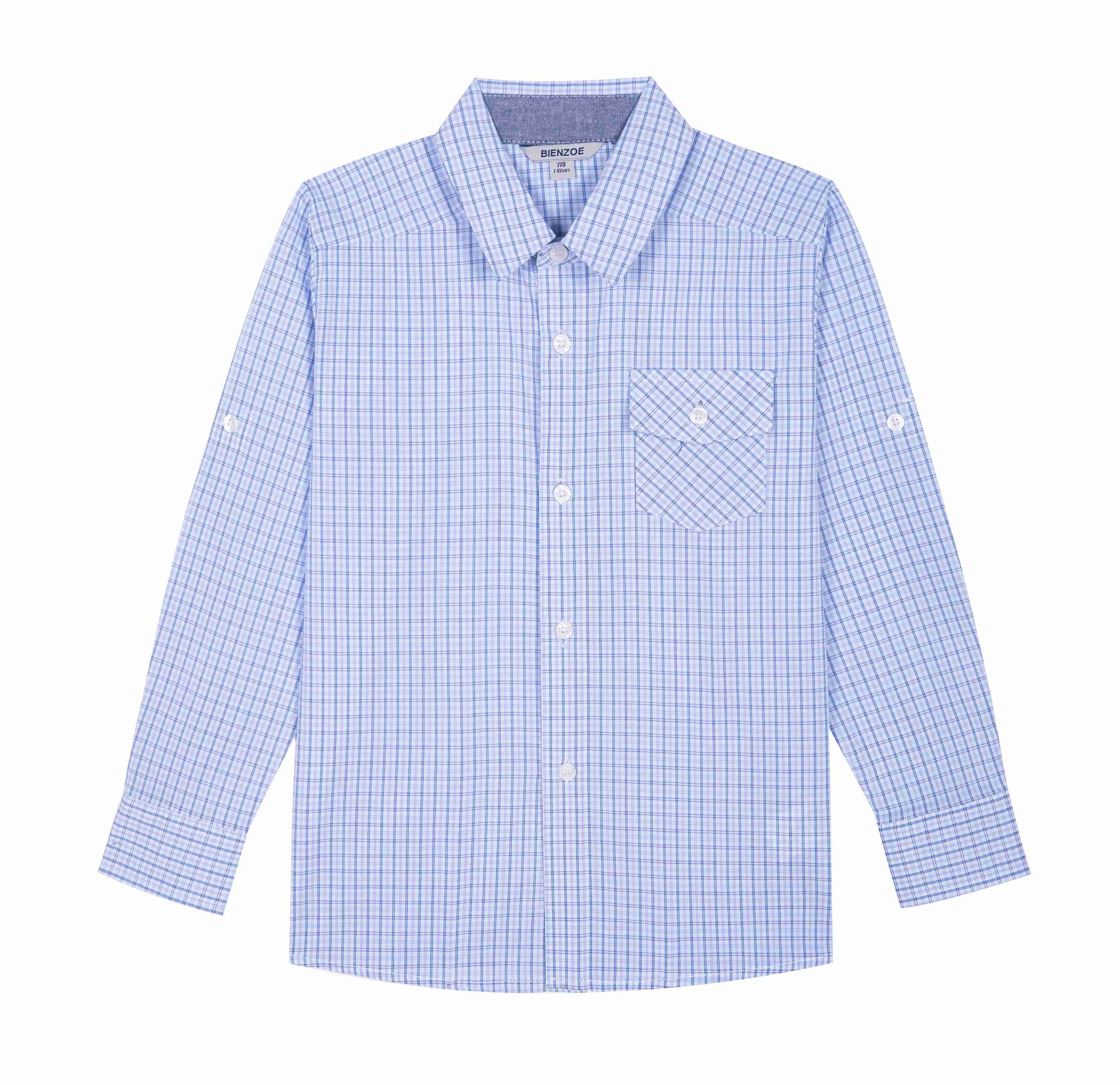 Bienzoe Boy's Cotton Plaid Roll Up Button Down Shirts Lt Blue/Marine 7/ ...