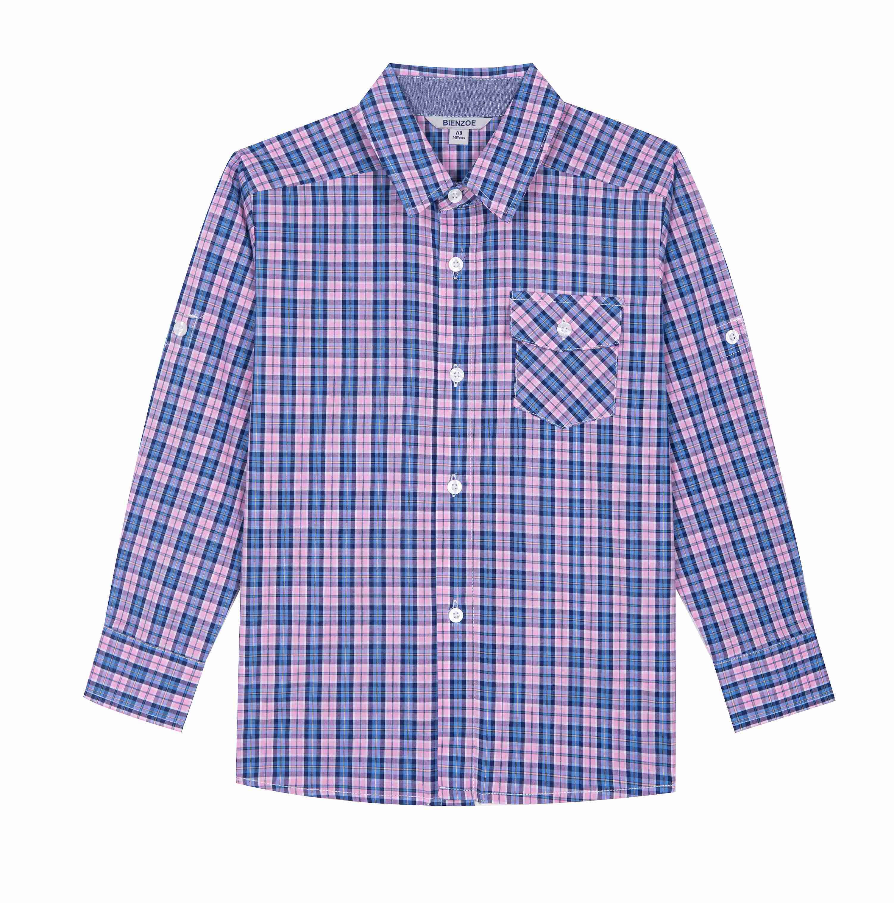 Bienzoe Boy's Cotton Plaid Roll Up Button Down Shirts Rose/Marine 3/4 ...