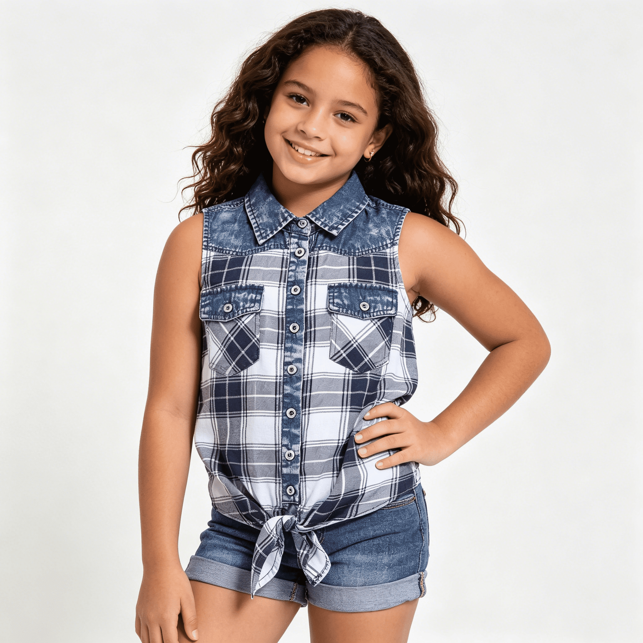 Bienzoe Girl's Plaid Denim Sleeveless Tank, Vintage Crop Cotton Blouse ...