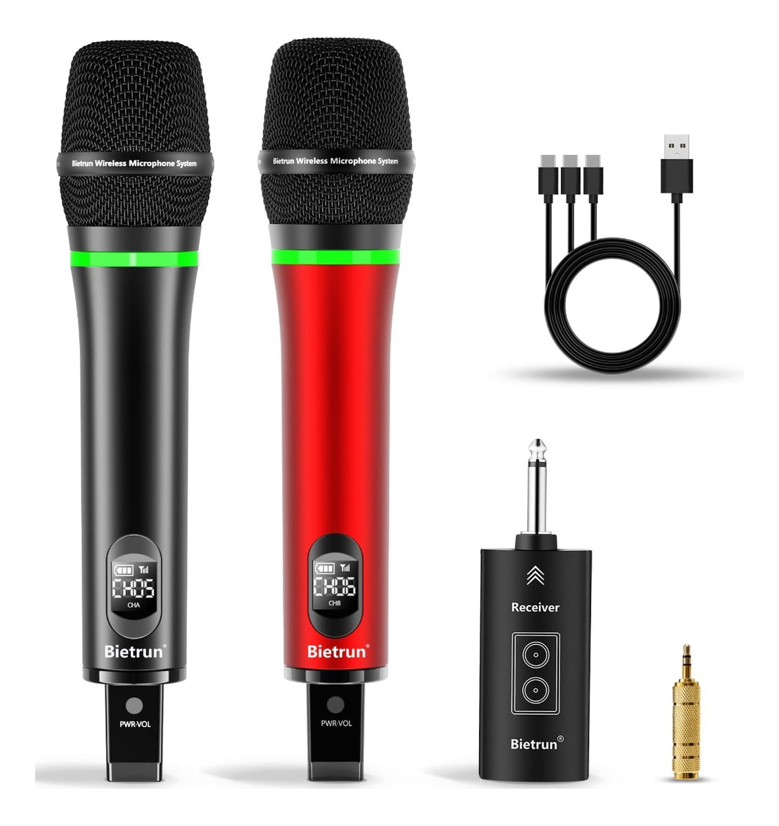 Bietrun Rechargeable Wireless Microphone, Dual Metal Cordless Handheld ...