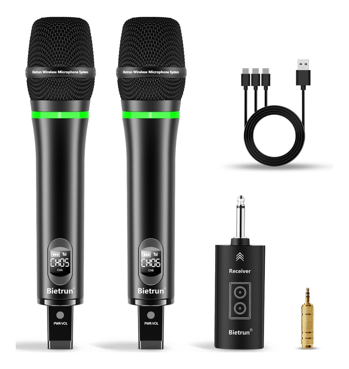 Bietrun Rechargeable Wireless Microphone, Dual Metal Cordless Handheld ...