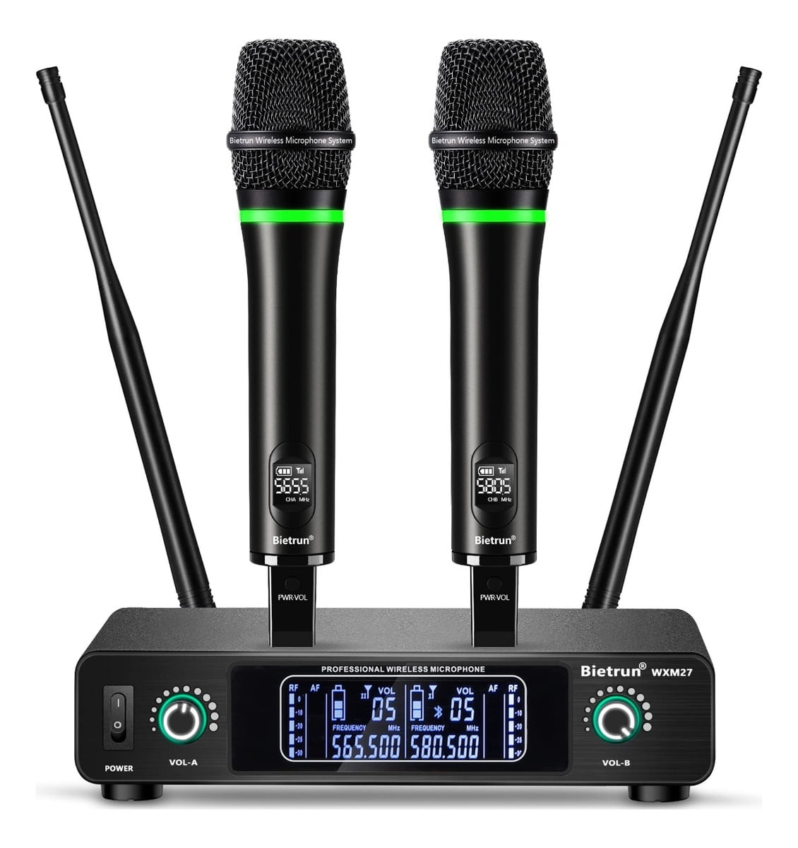 Bietrun Wireless Microphone, Rechargeable Metal Dual UHF Cordless Dynamic Handheld Microphone ...
