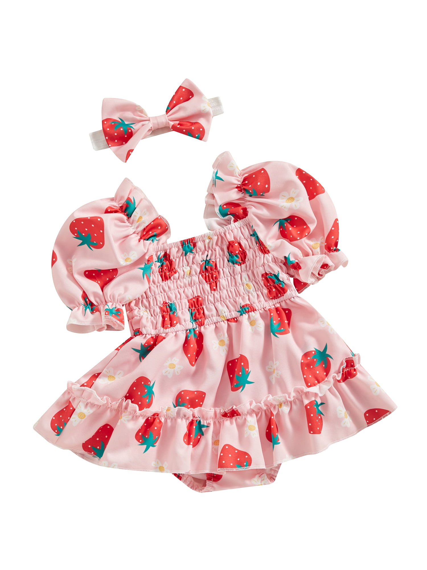 Biezeib Baby Girl 2 Piece Outfits Fruit/Flower Print Ruched Short Sleeve Romper Dress with Cute ...