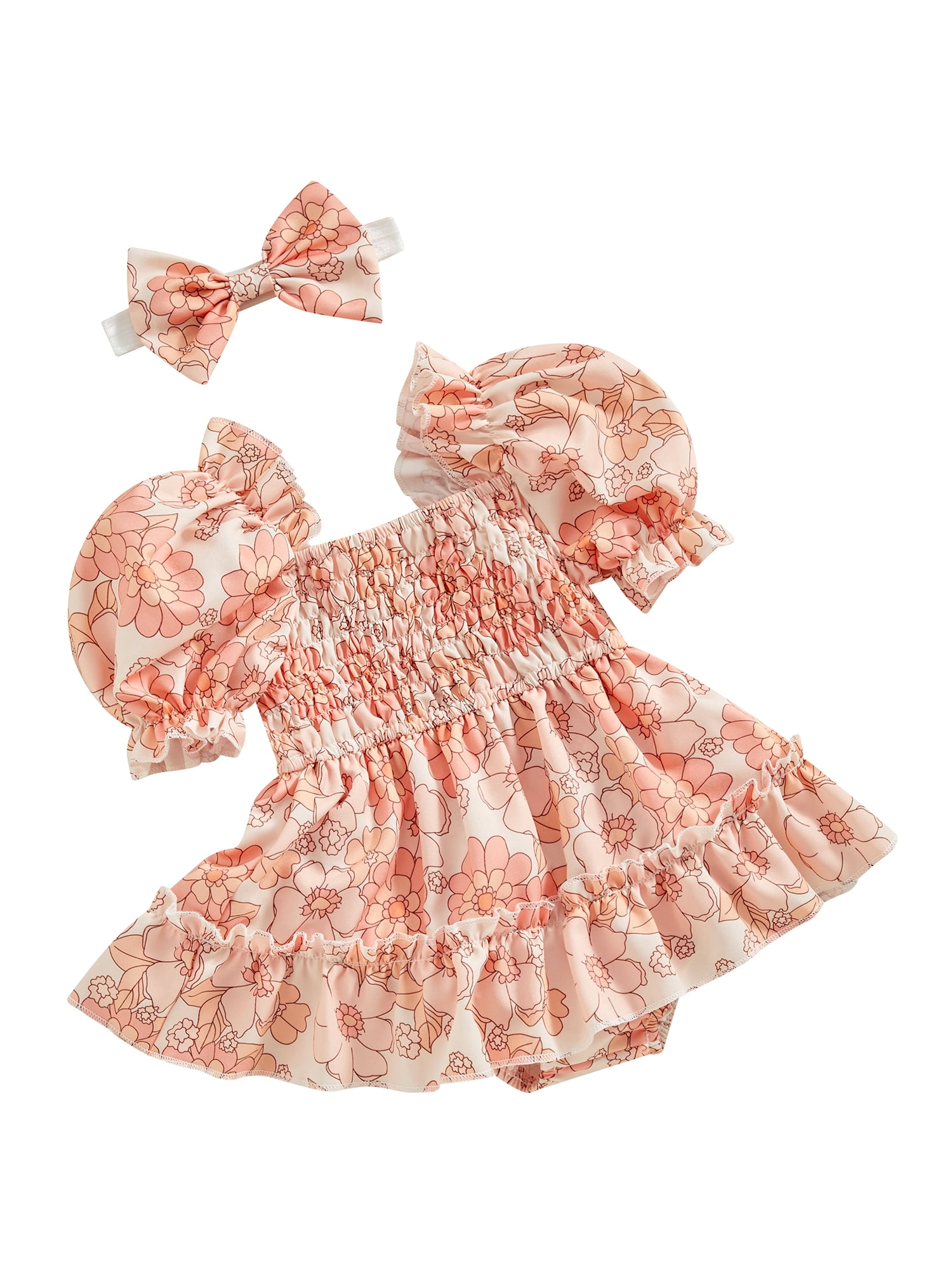 Biezeib Baby Girl 2 Piece Outfits Fruit/Flower Print Ruched Short Sleeve Romper Dress with Cute ...