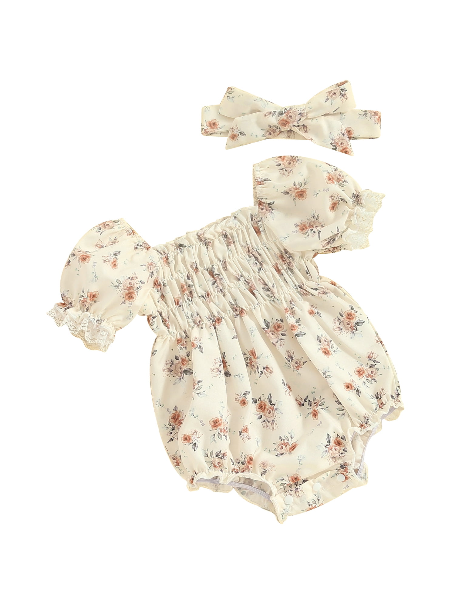 Biezeib Baby Girl Summer Outfit, Square Neck Lace Trim Puff Sleeve Flower Print Romper + Bow ...