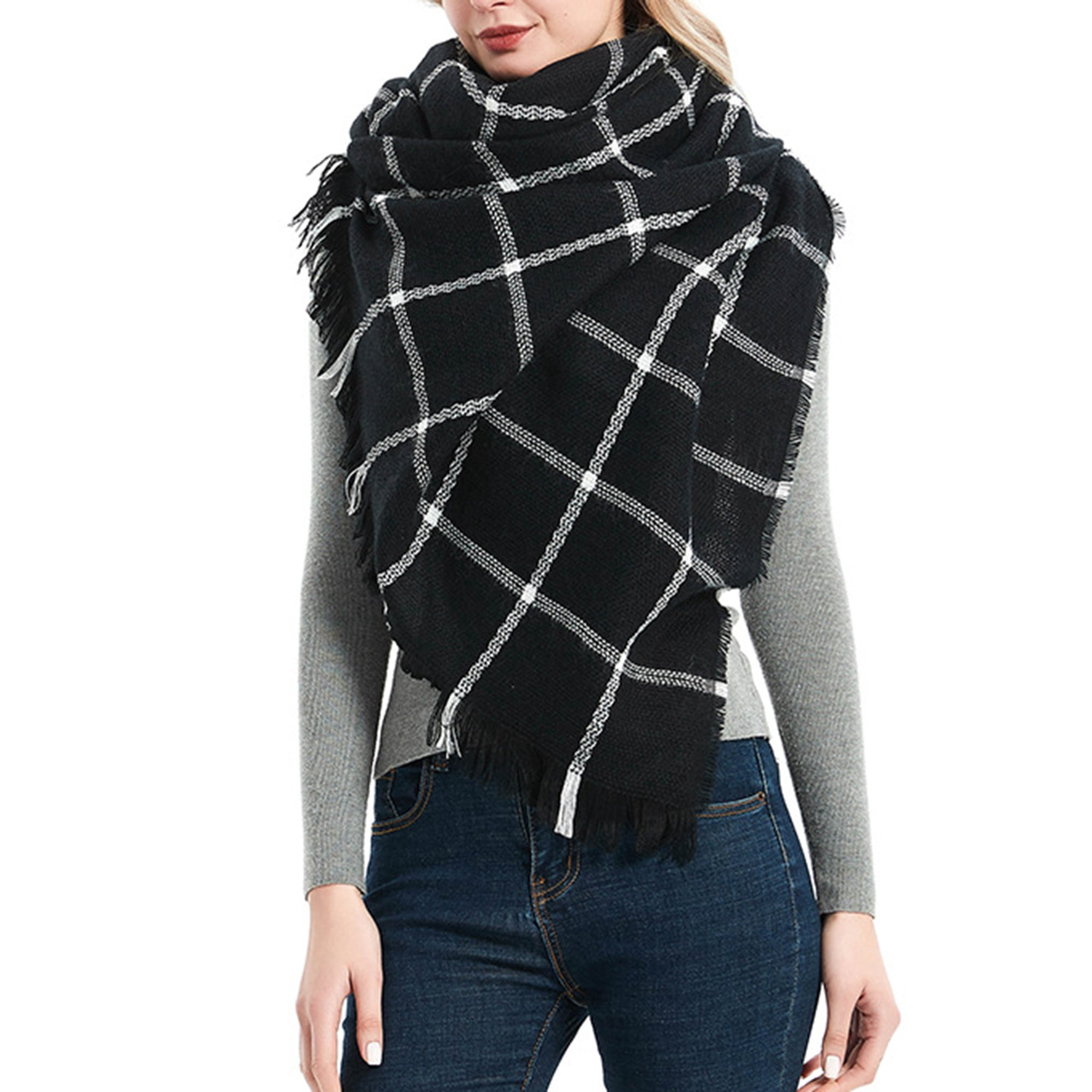 Biezeib Fashion Scarf Shawl Wraps for Women Black White Plaid Holiday ...