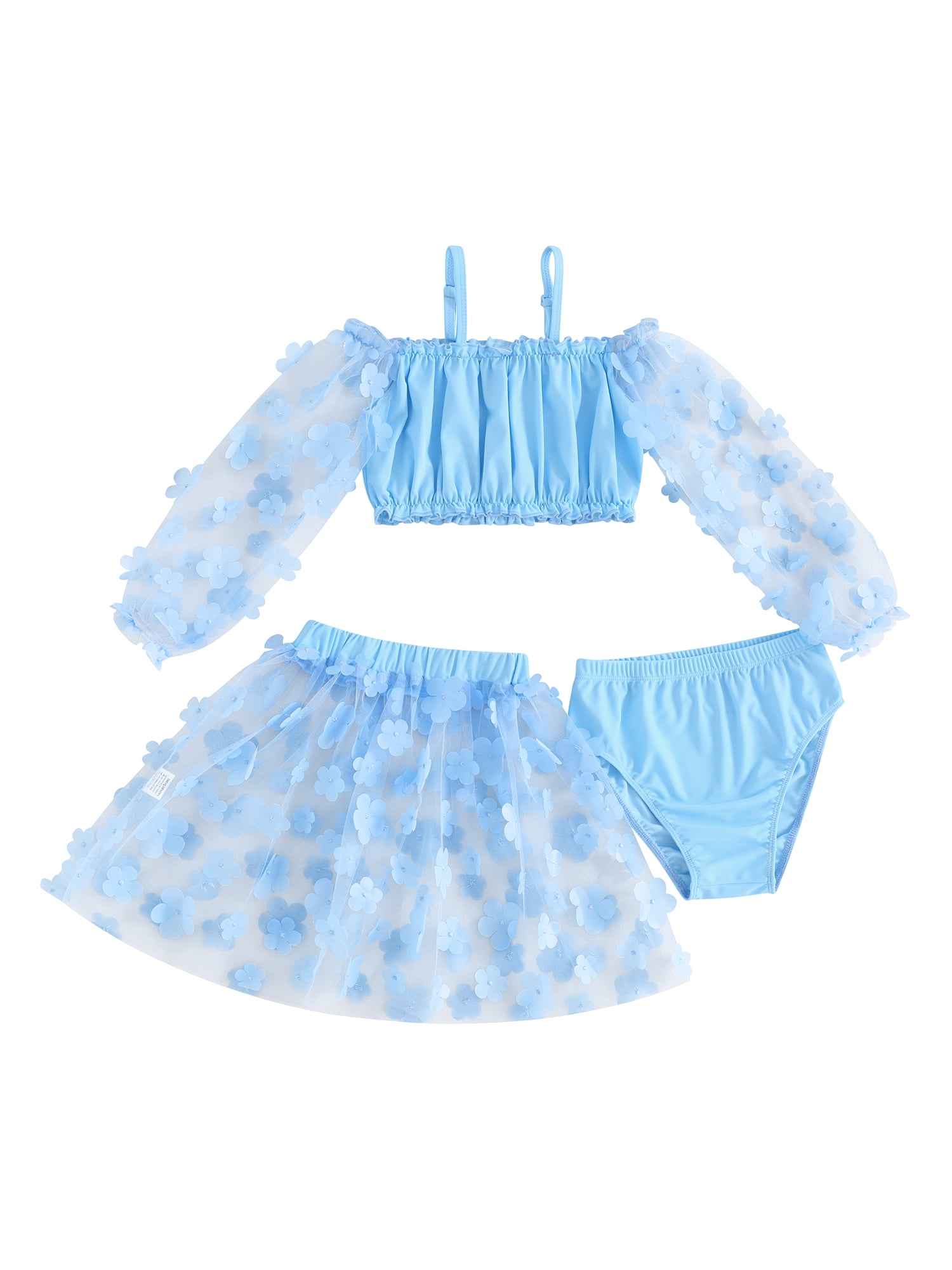 Biezeib Girls 3 Piece Swimsuits Long Sleeve Cami Tops Blue Thong 3D ...