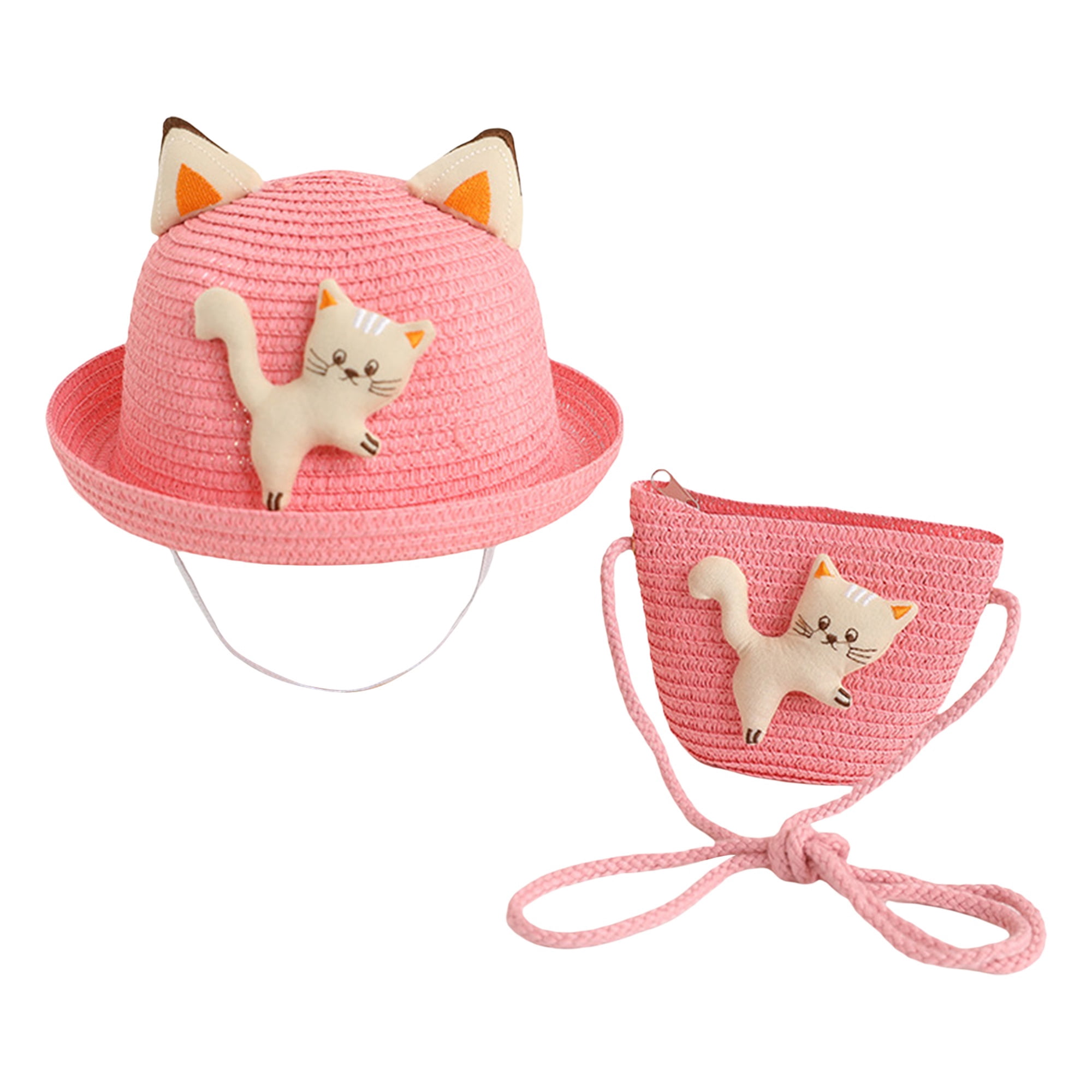 Biezeib Girls Sun Hat Set, Cute Cat Roll-up Brim Straw Hat with ...