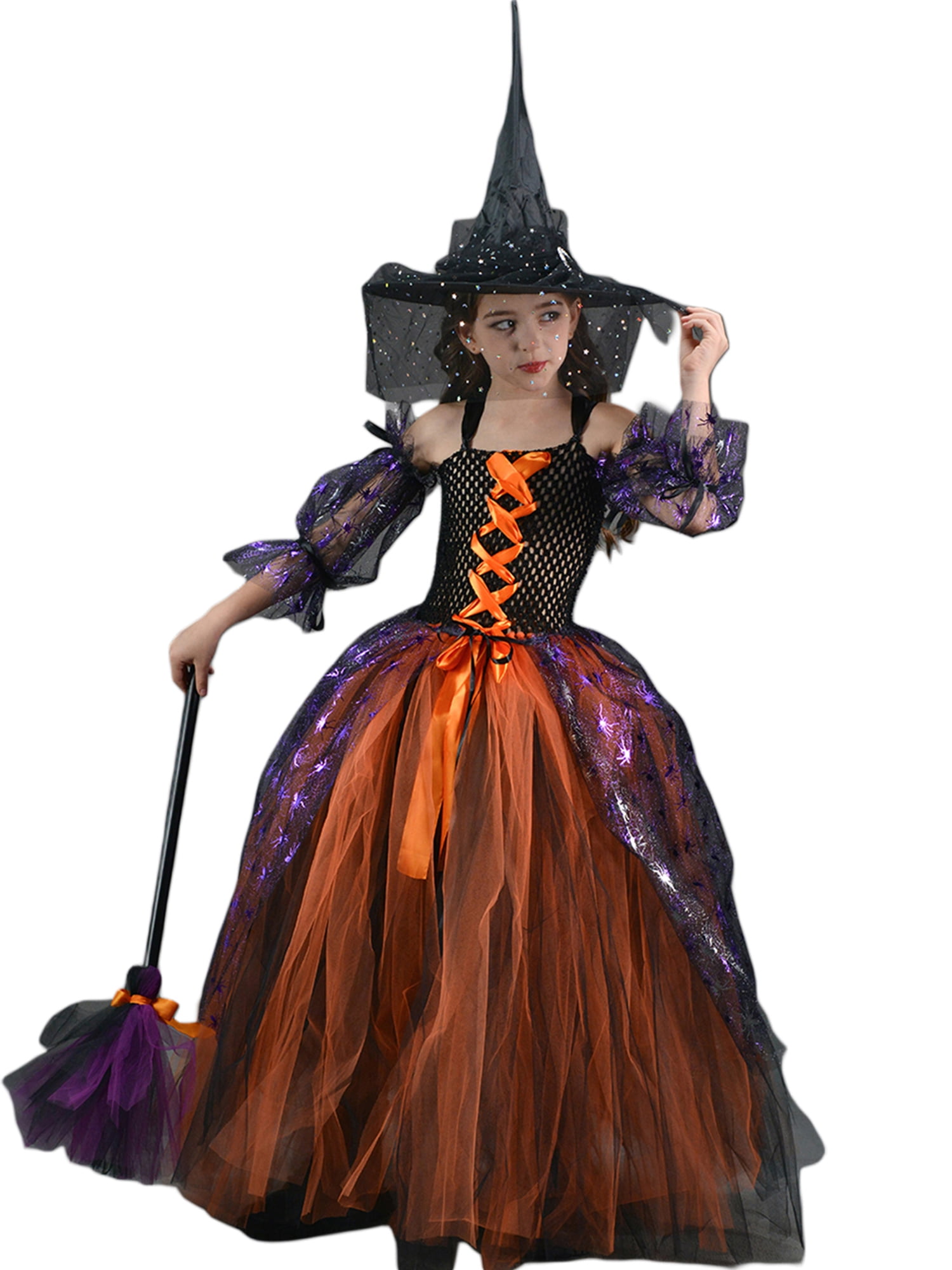 Biezeib Girls Witch Costume Set Sleeveless Tulle Dress Witches' Broom ...