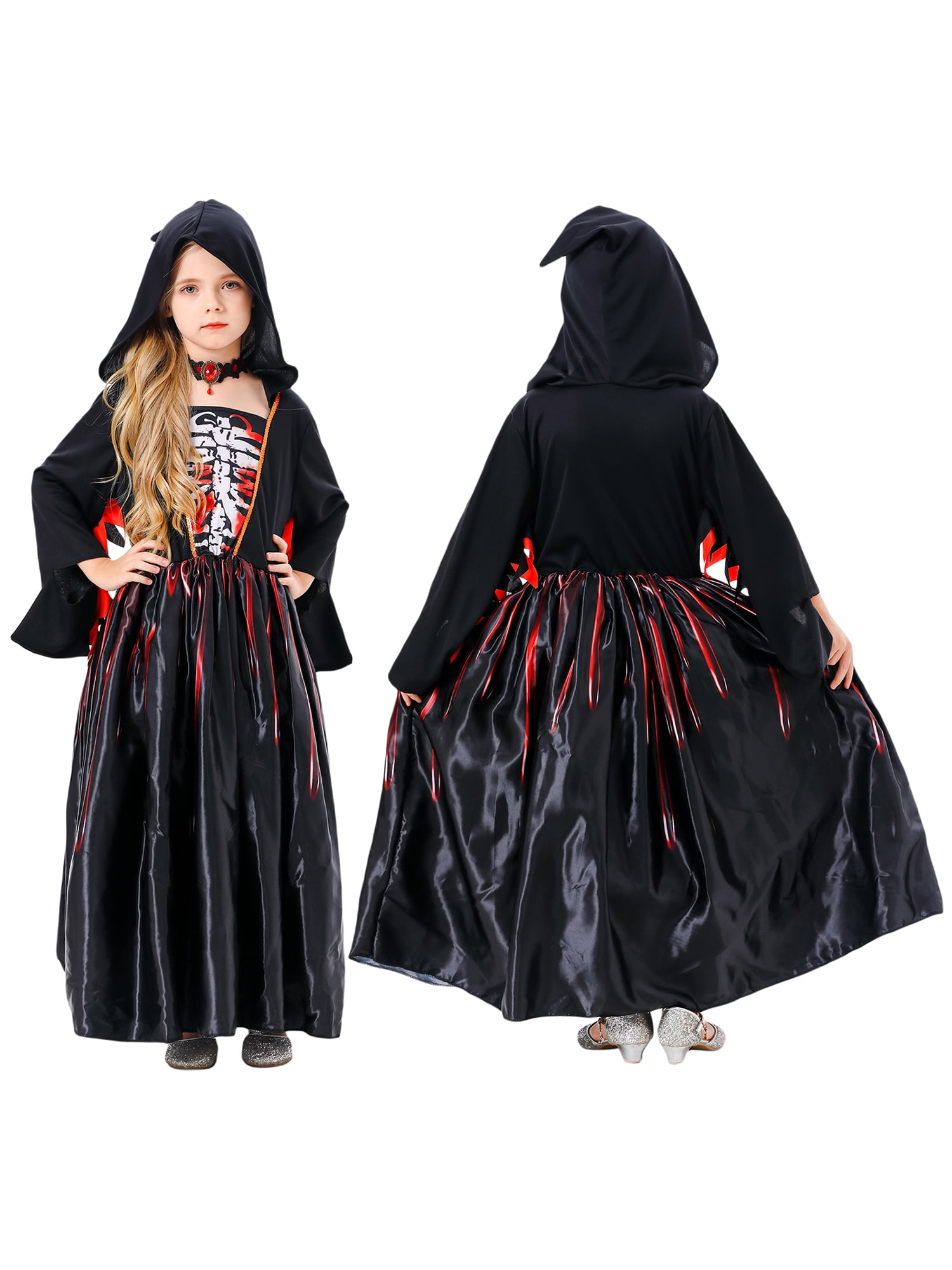 Biezeib Halloween Witch Costume for Girls Deluxe Long Sleeve Skeleton ...