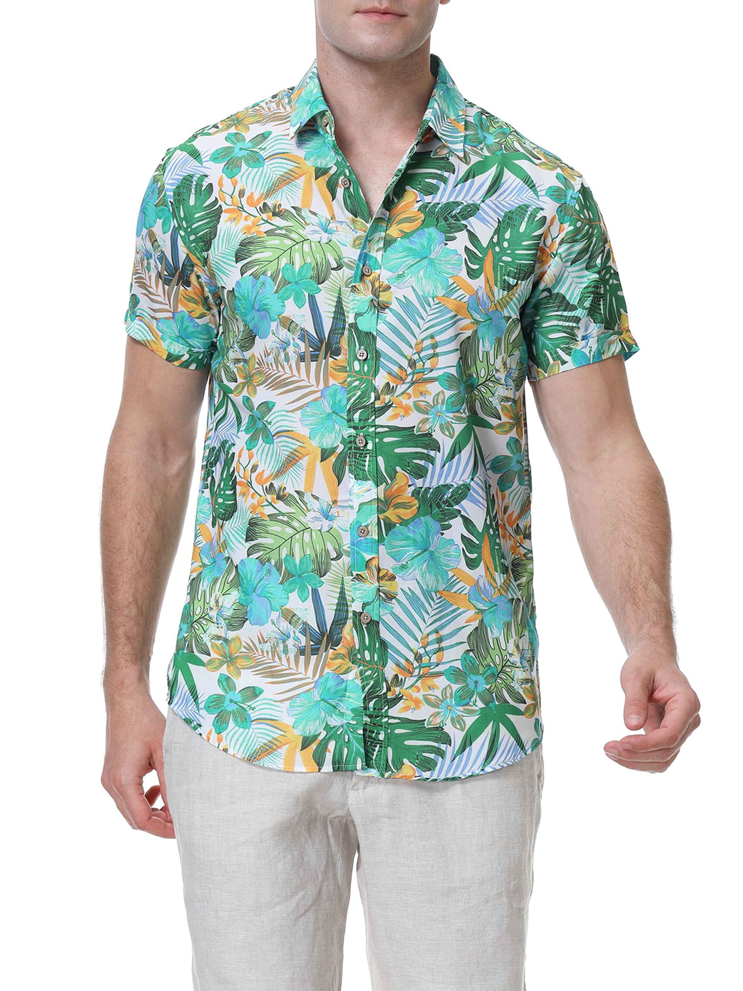 Biezeib Men Hawaiian Button down Shirt Casual Tropical Print Summer ...
