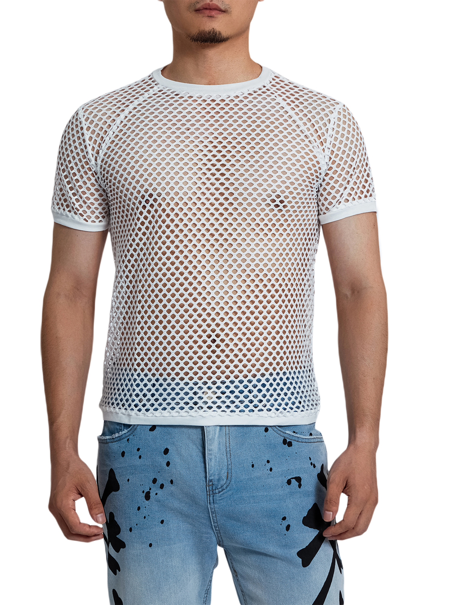 Biezeib Men Short Sleeve Mesh Shirts Summer Cutout Tops Casual ...