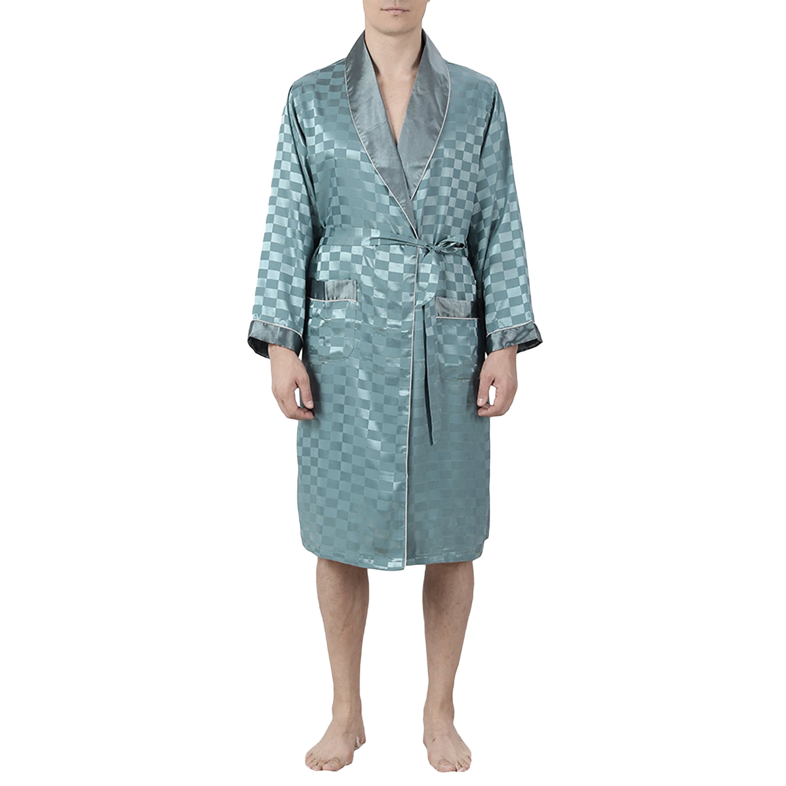 Biezeib Men Summer Bathrobe Set Plaid Jacquard Long Sleeve Spa Kimono ...