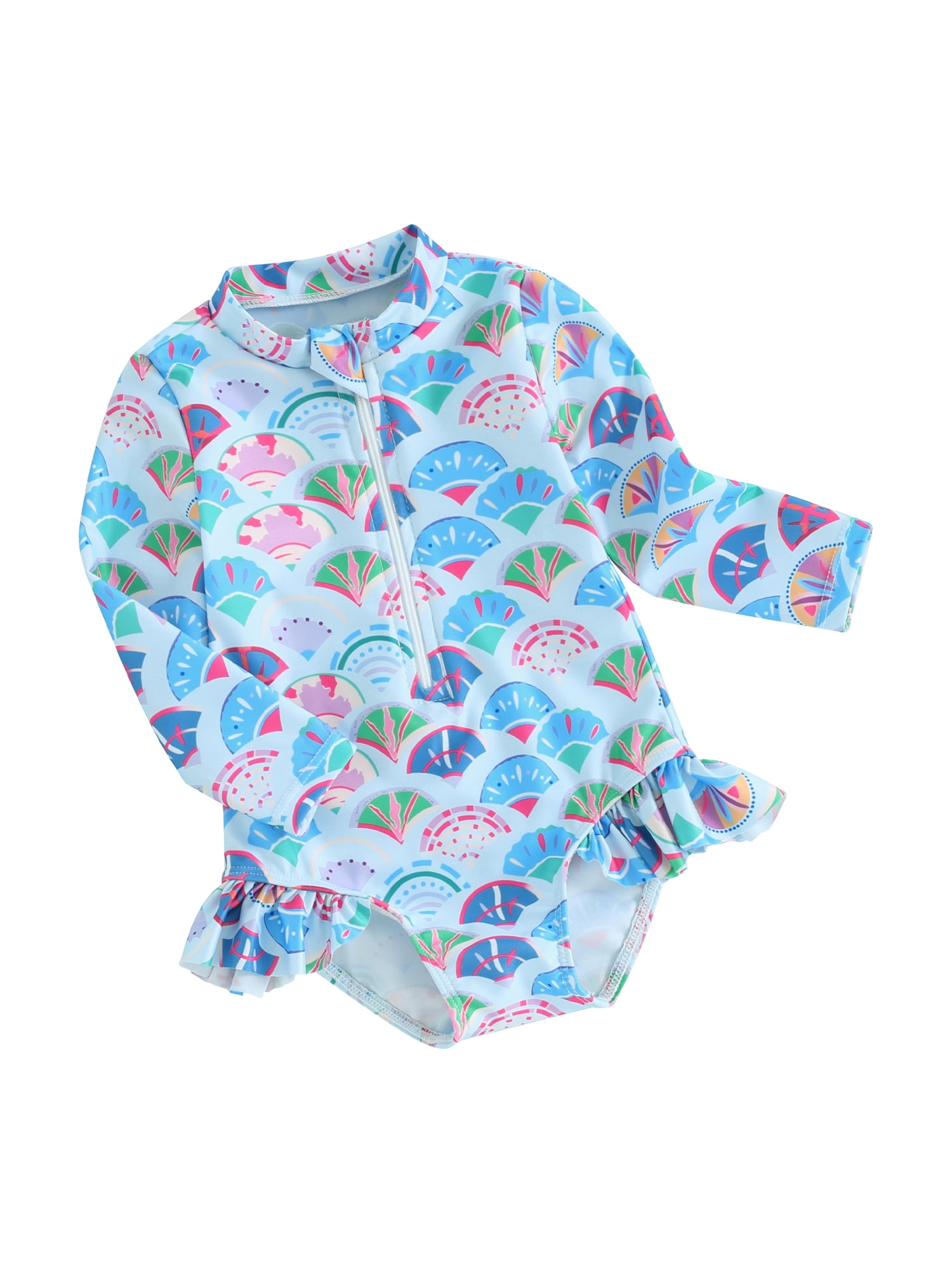 Biezeib Toddler Girl Rash Guard Swimwear Shell Print Long Sleeve Ruffle Swimsuit Zipper Bathing ...