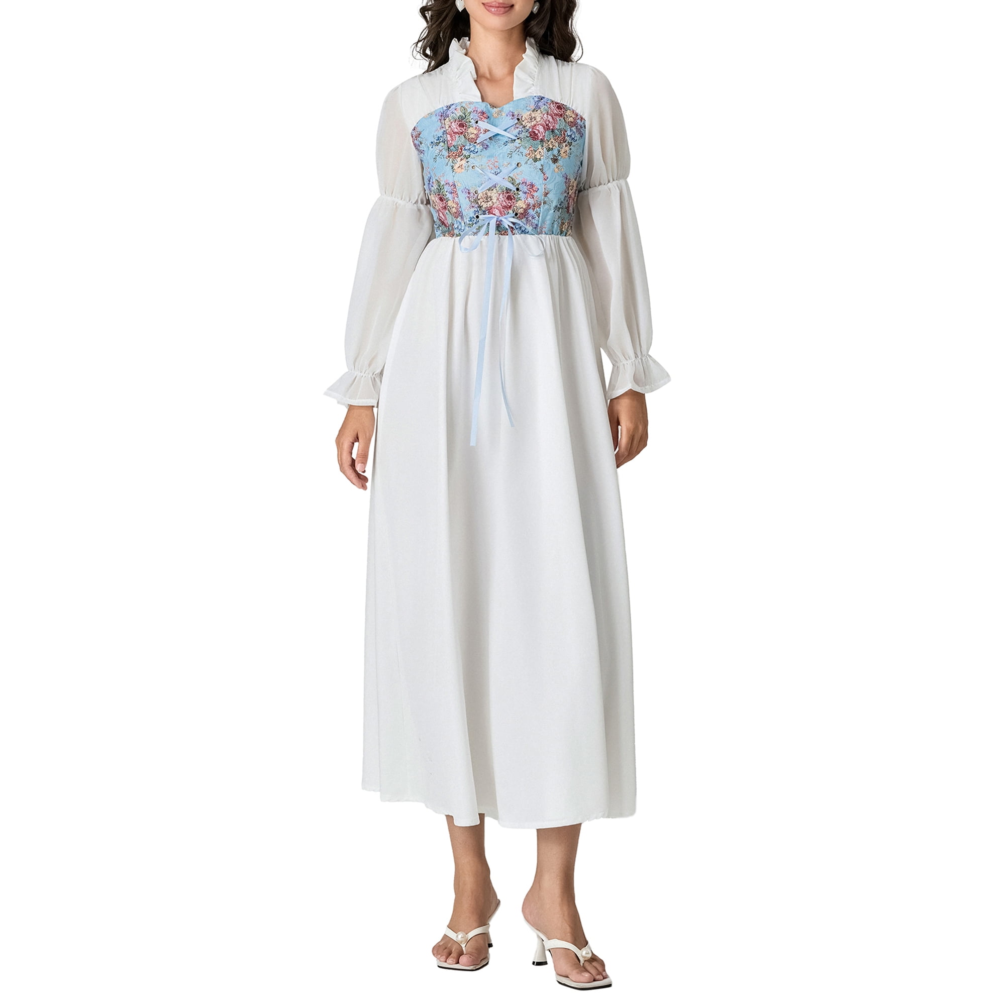 Biezeib Women Corset Dress Ruffled Ruched Lacing Flowy Medieval ...