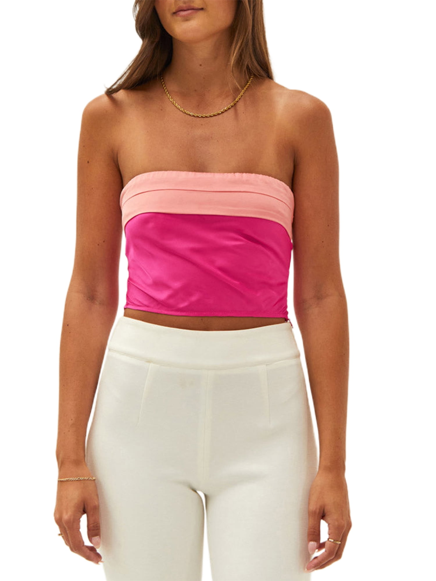 Biezeib Women Crop Satin Tube Tops Summer Contrast Color Cutout Back ...