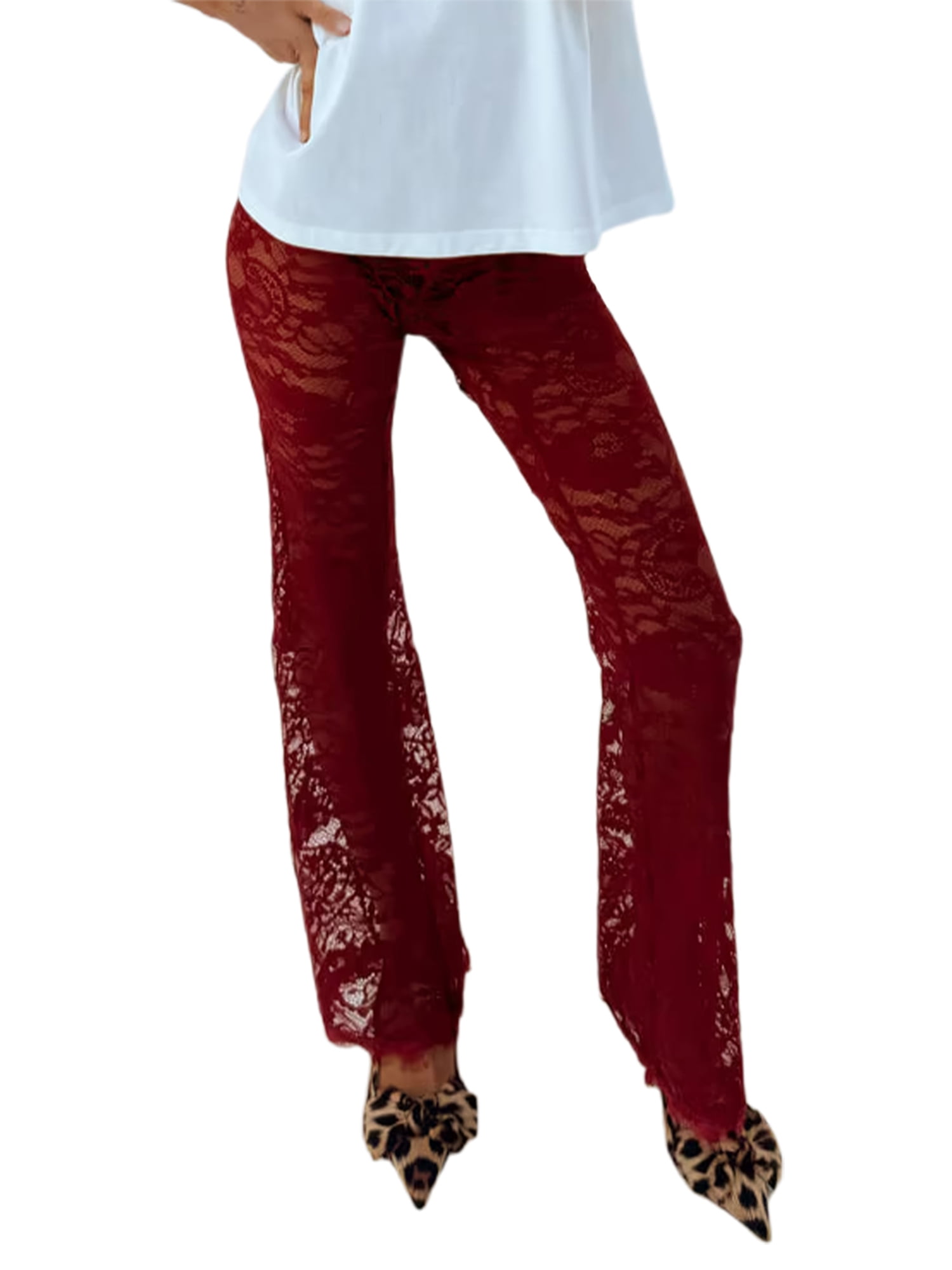 Biezeib Women Flare Pants Lace See-Through Elastic Waist Trousers ...
