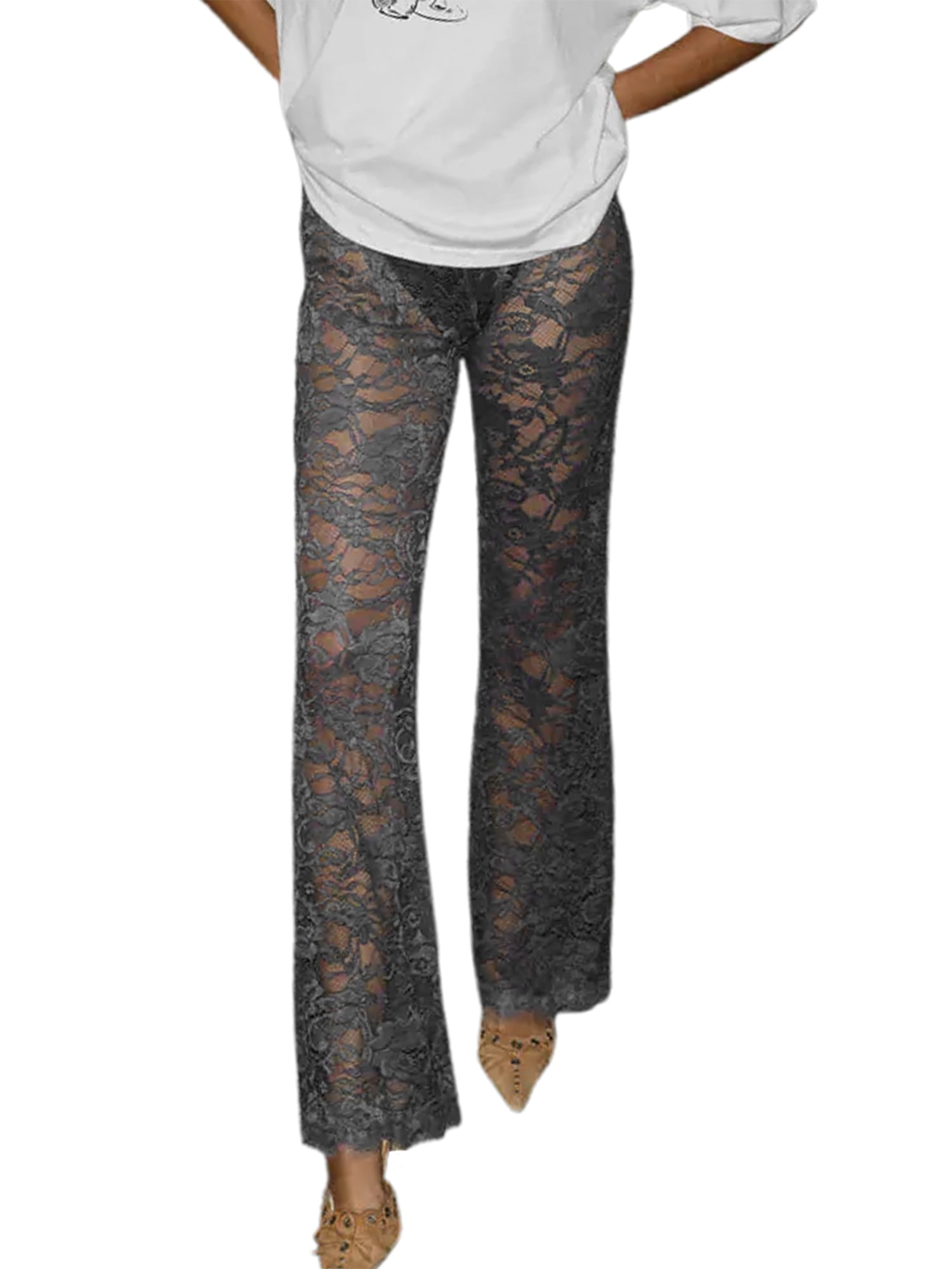 Biezeib Women Flare Pants Lace See-Through Elastic Waist Trousers ...