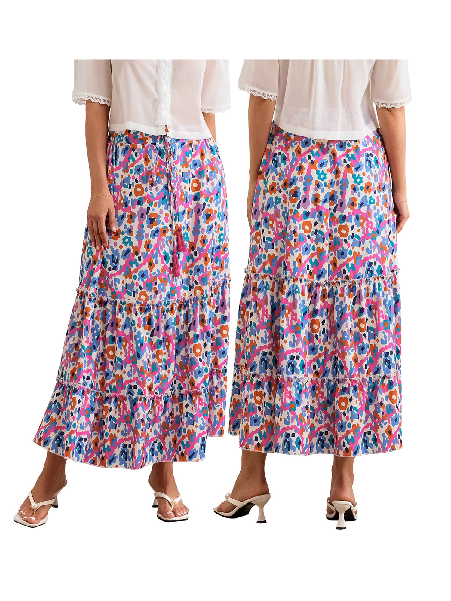 Biezeib Women Flowy Floral Skirt Casual Summer Ruffled Hem Elastic ...