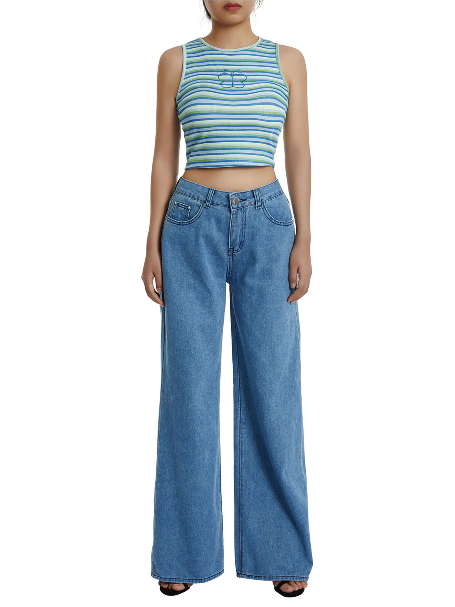 Biezeib Women Hip Hop Denim Pants, Casual High Waist Relaxed Fit Washed ...