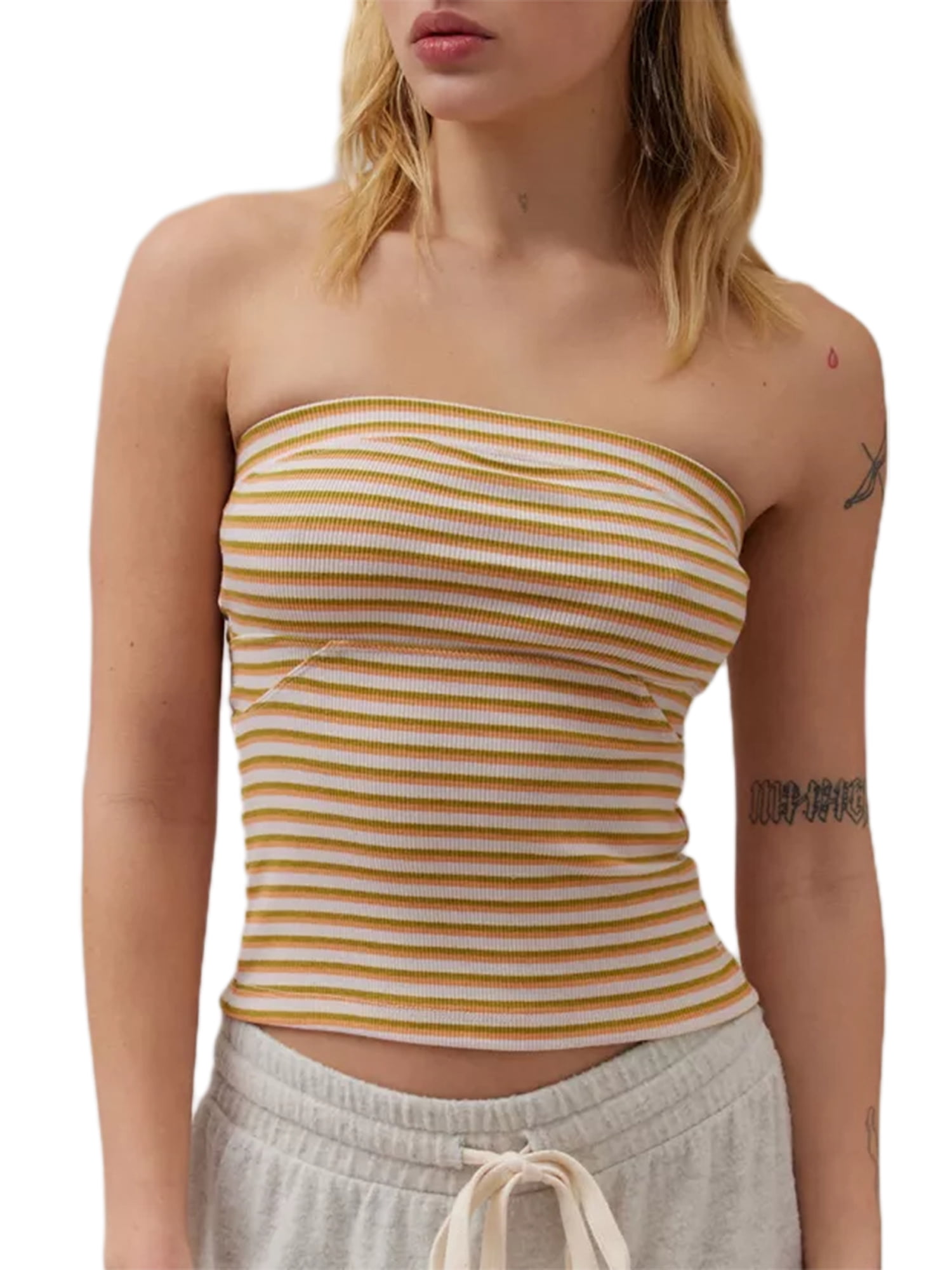 Biezeib Women Knitted Ribbed Tube Tops Solid Color/Stripe Print Summer ...