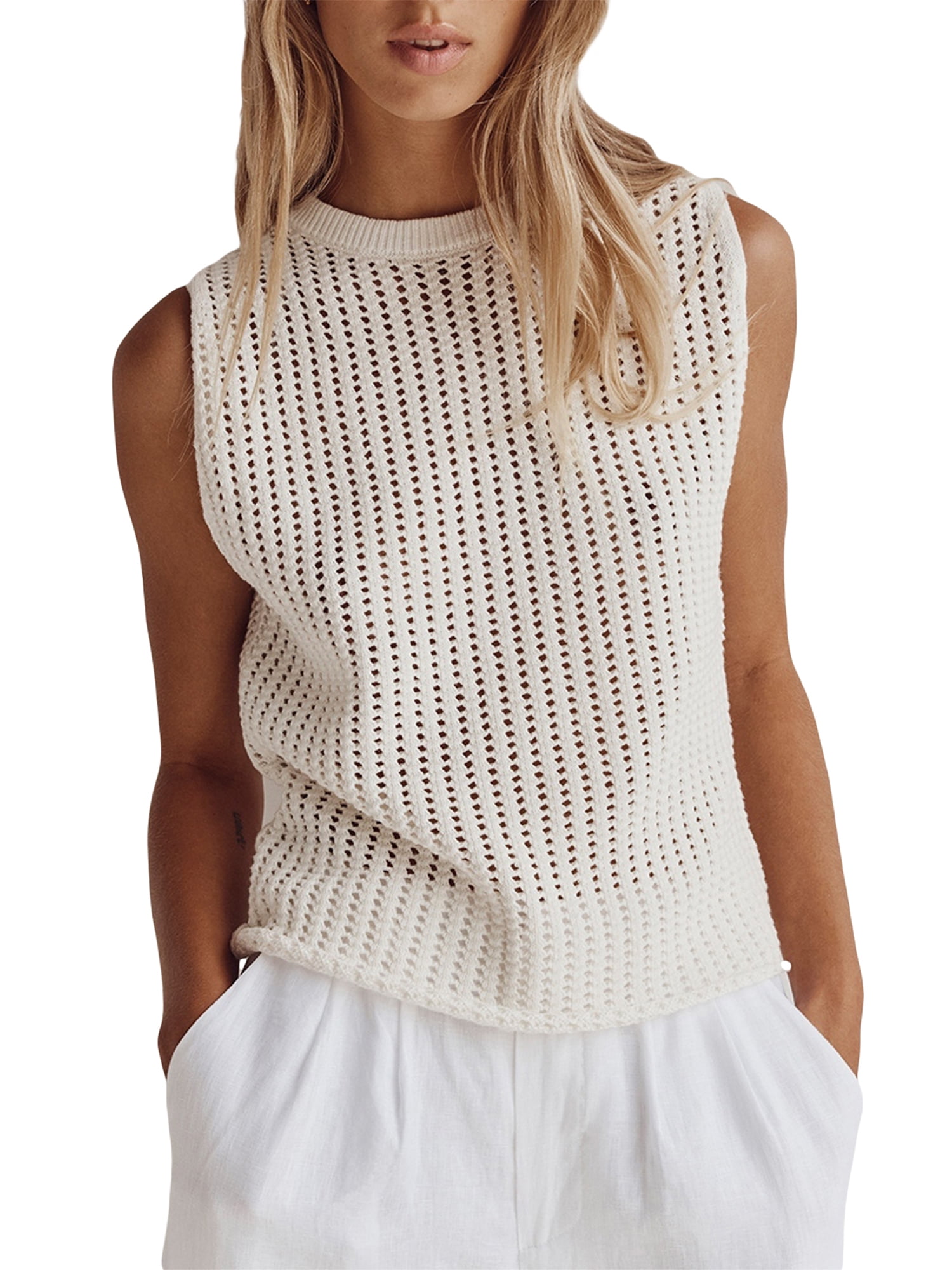 Biezeib Women Knitted Tank Tops Cutout Summer Knitwear Basic Sleeveless ...