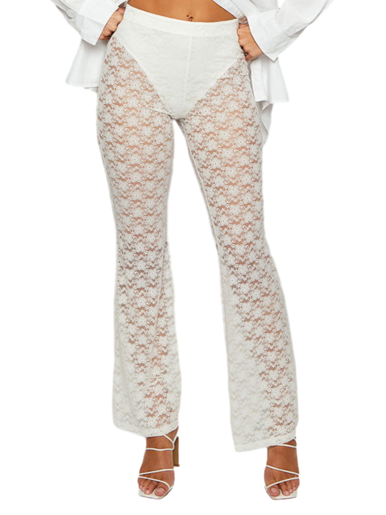 Biezeib Women Lace Flared Pants Casual Sheer High Waisted Bell Bottoms ...