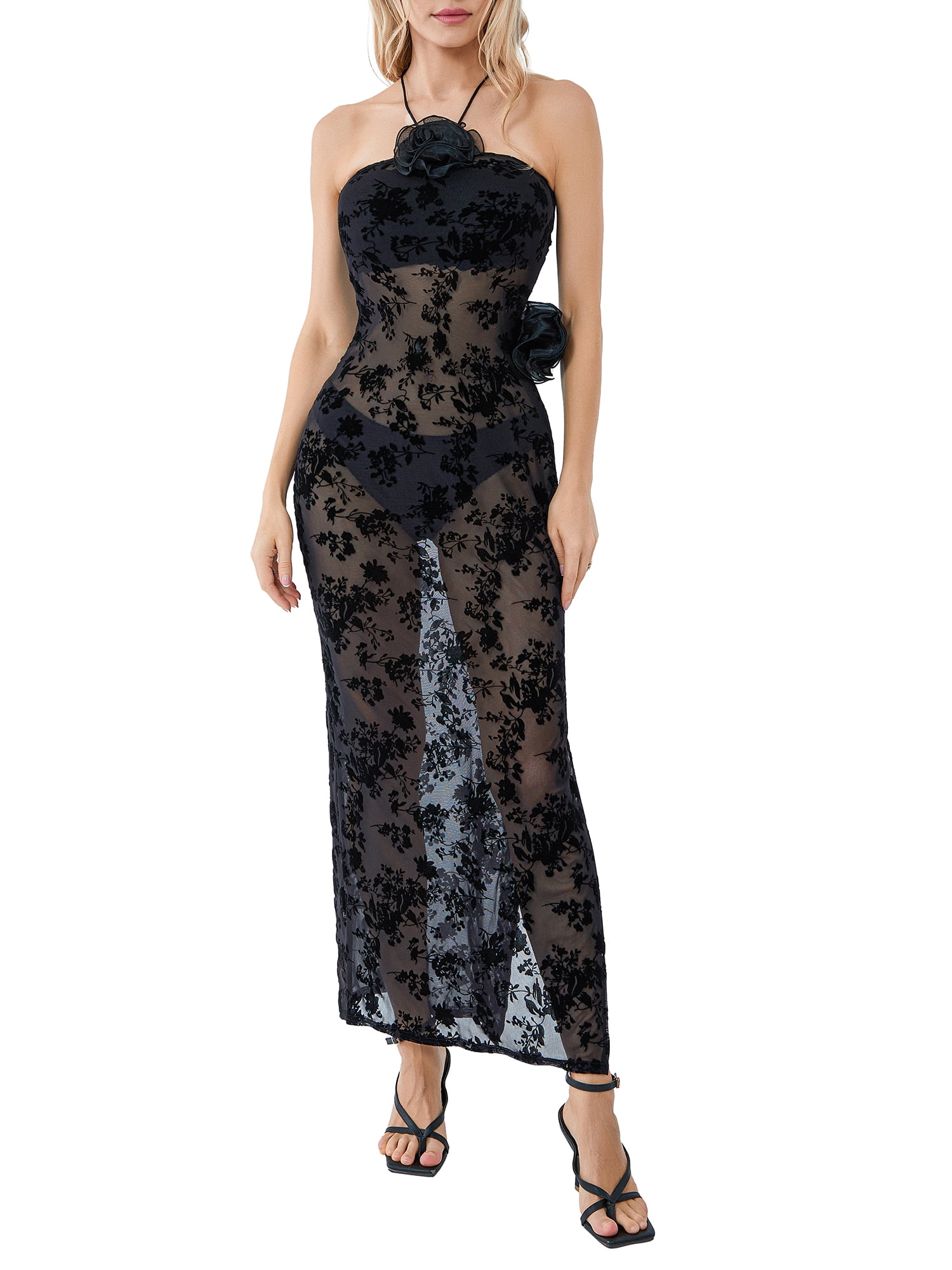 Biezeib Women Long Bodycon Dress Floral Print Mesh See-Through Tie-Up ...