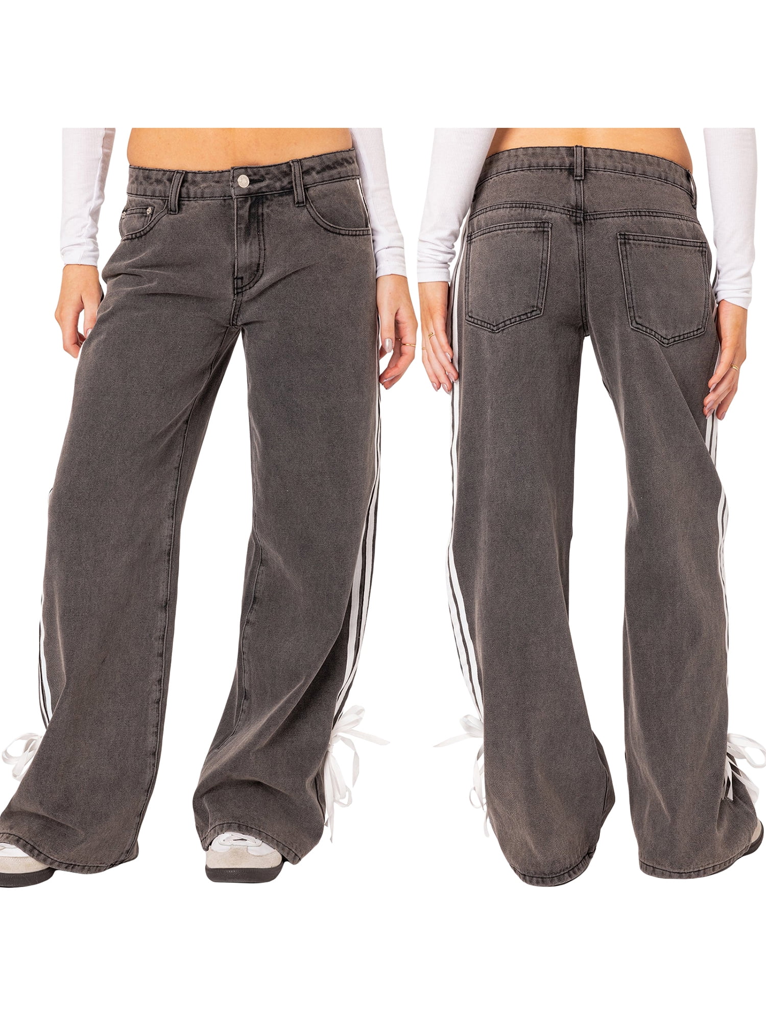 Biezeib Women Low Rise Jeans Side Stripe Tie Bow Straight Leg Denim ...