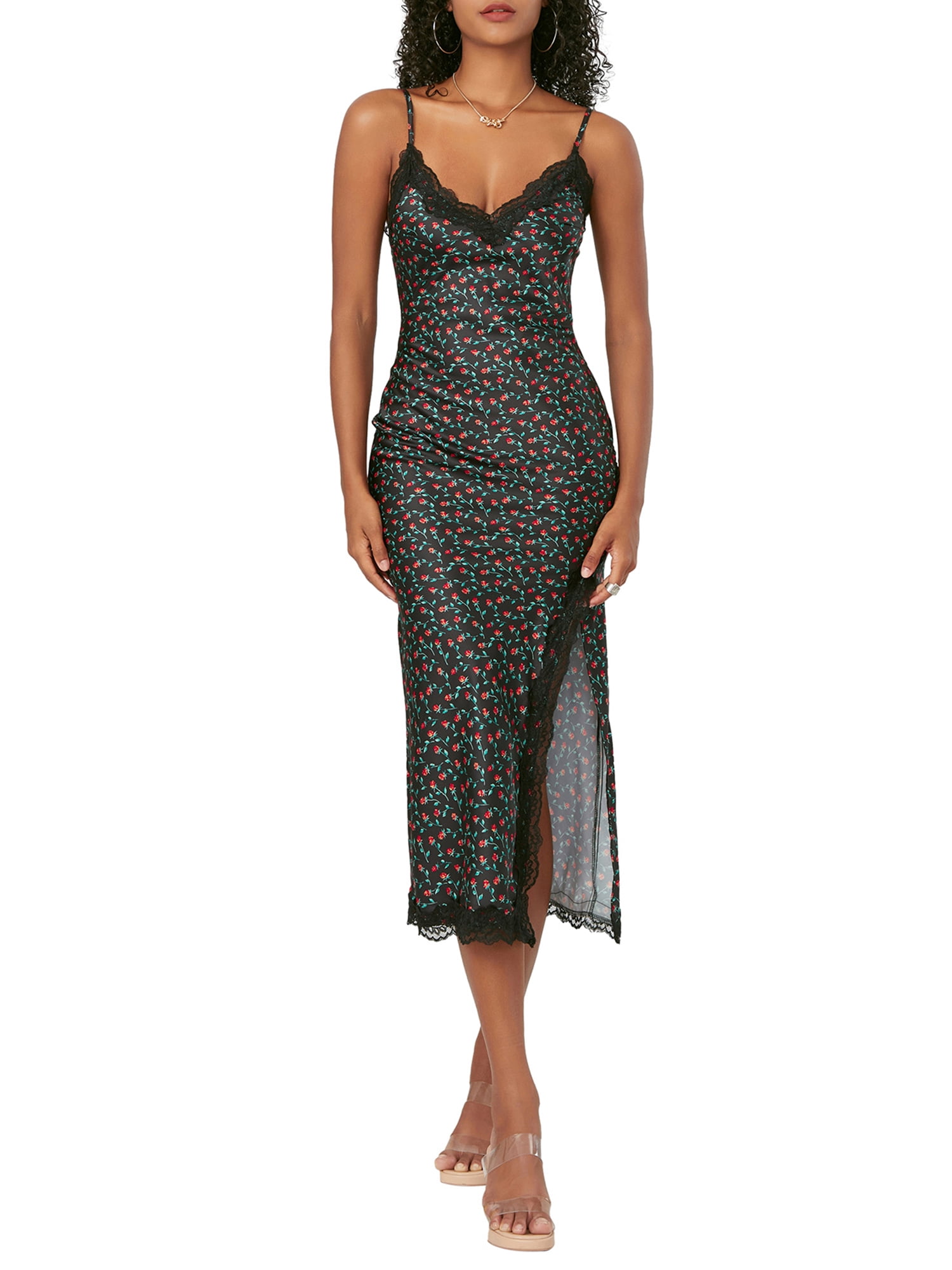 Biezeib Women Sleeveless Silk Dress Summer Lace Patchwork V Neck ...