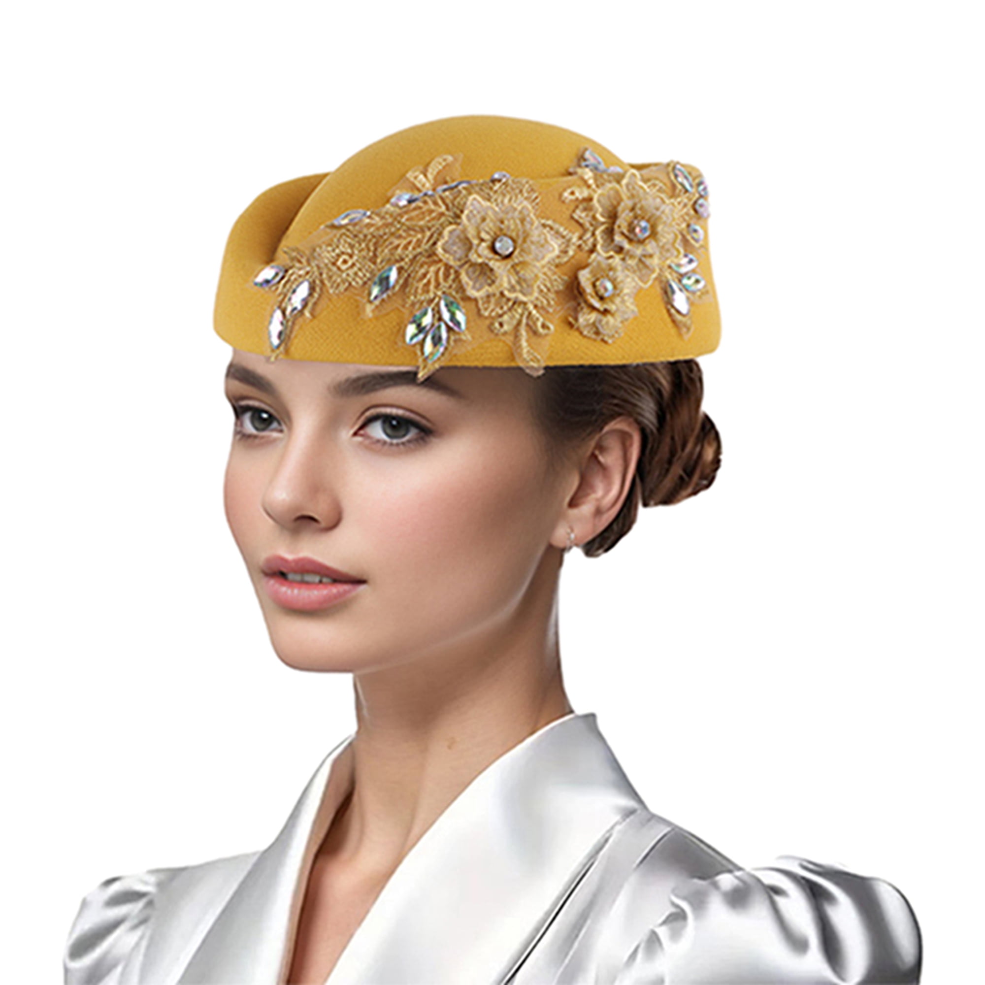 Biezeib Women Vintage Church Hats Crystal Flower Applique Felt Pillbox ...